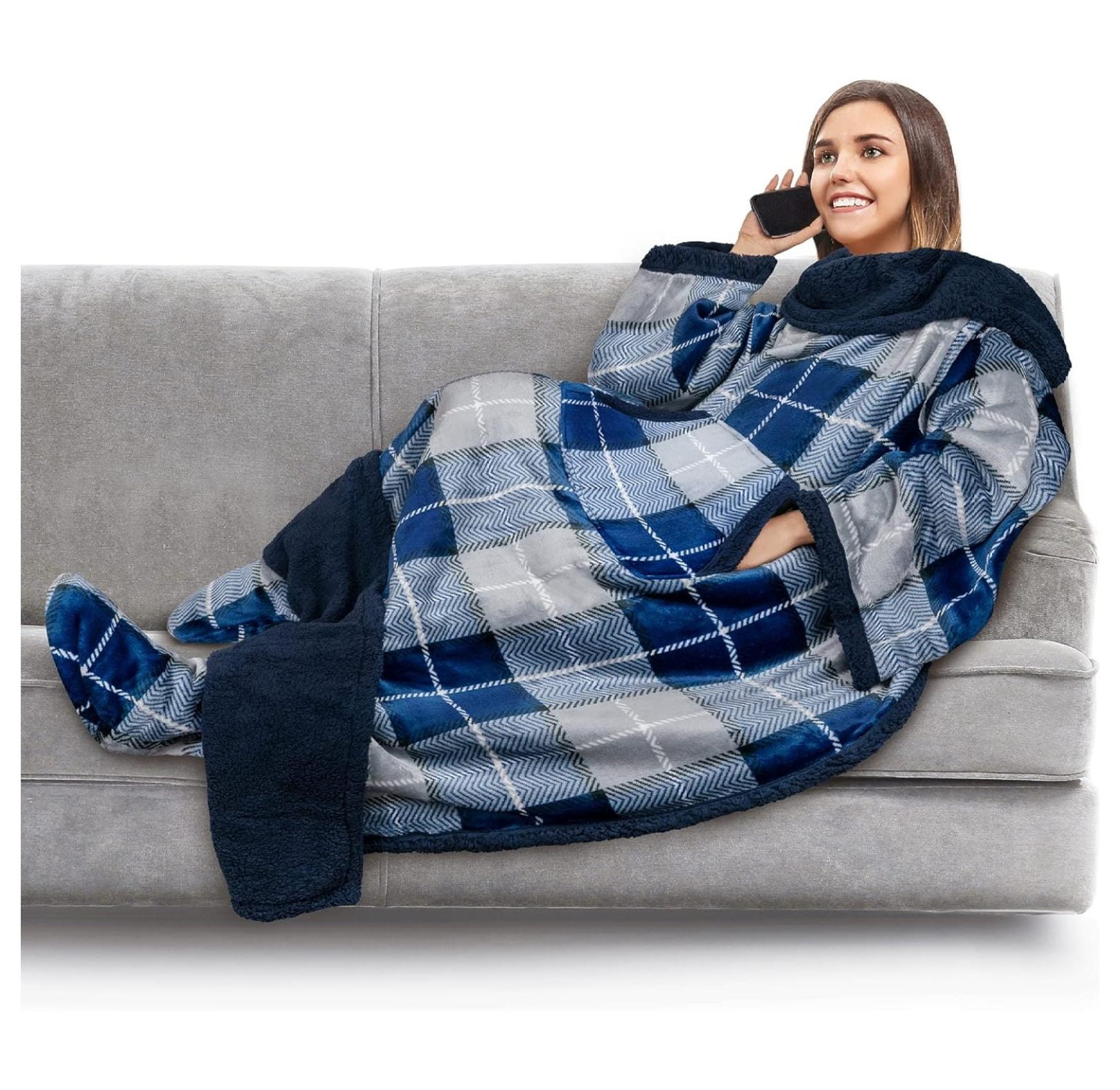 KriKac Blanket with Sleeves and Foot Pocket Women Men Adult, Fleece ...