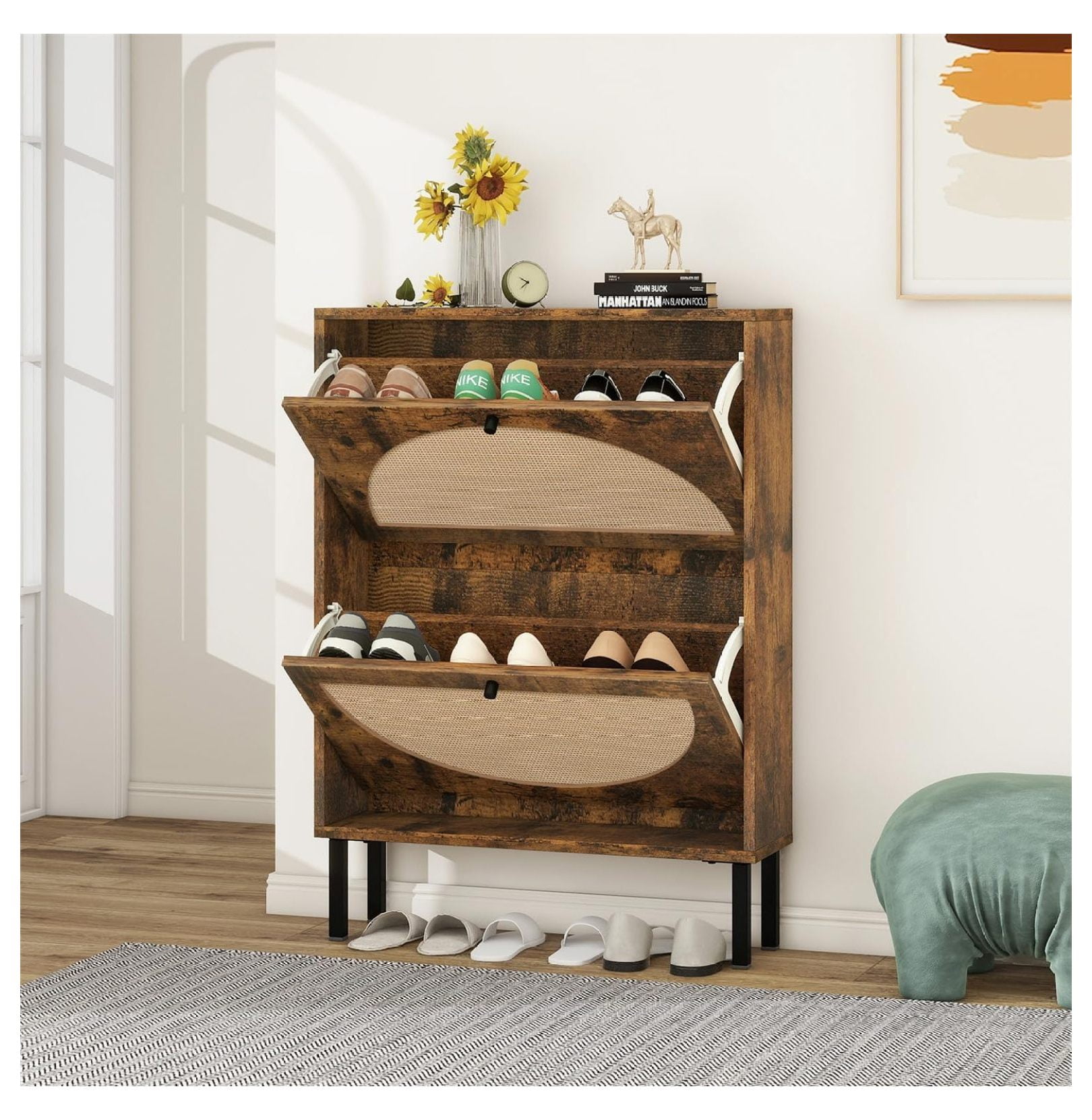 KriKac Rattan Shoe Cabinet with 2 Drawers, Narrow Hidden Shoe Rack with ...
