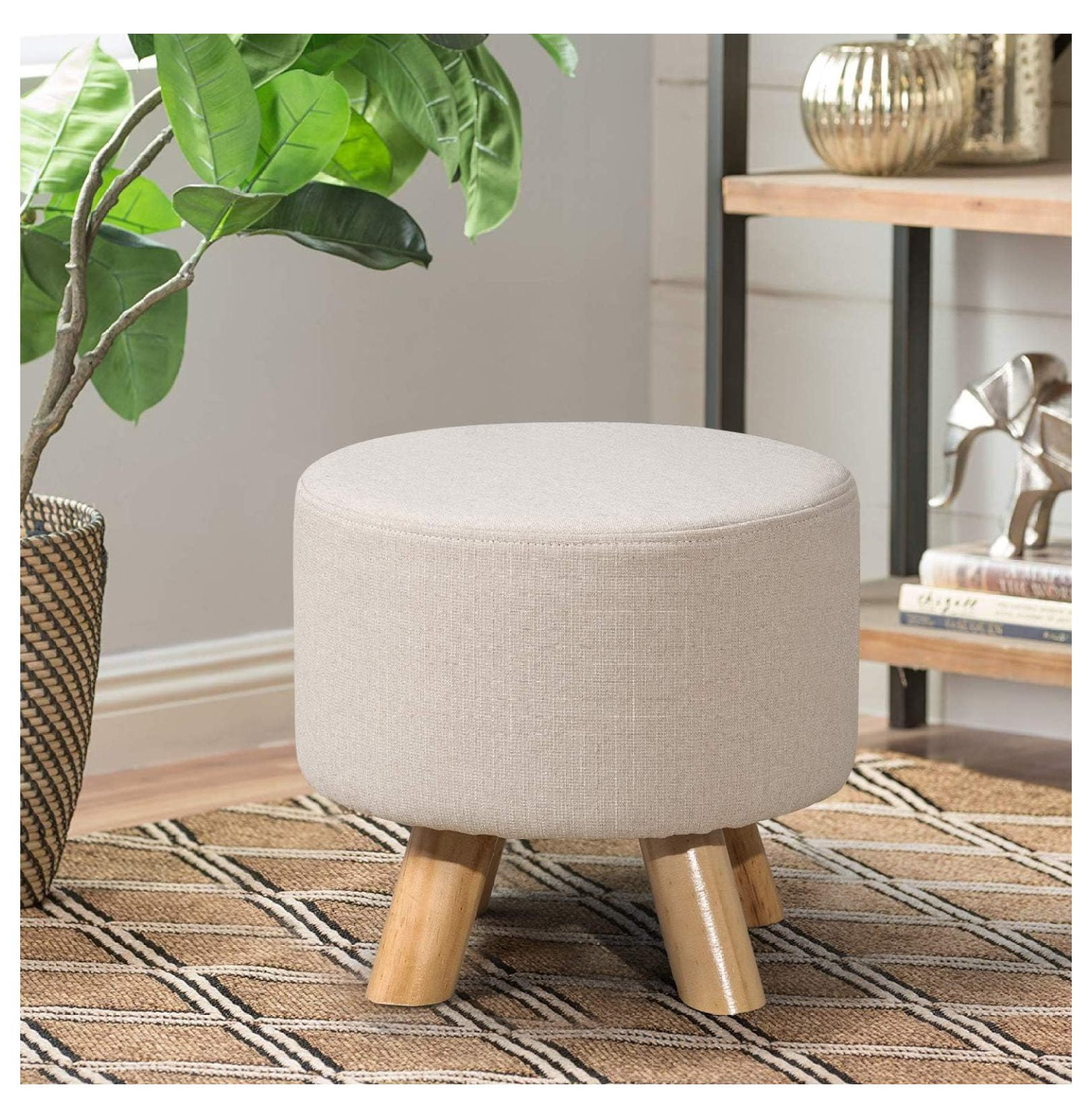 KriKac Round Ottoman Foot Rest Stool Linen Fabric Padded Seat Pouf ...