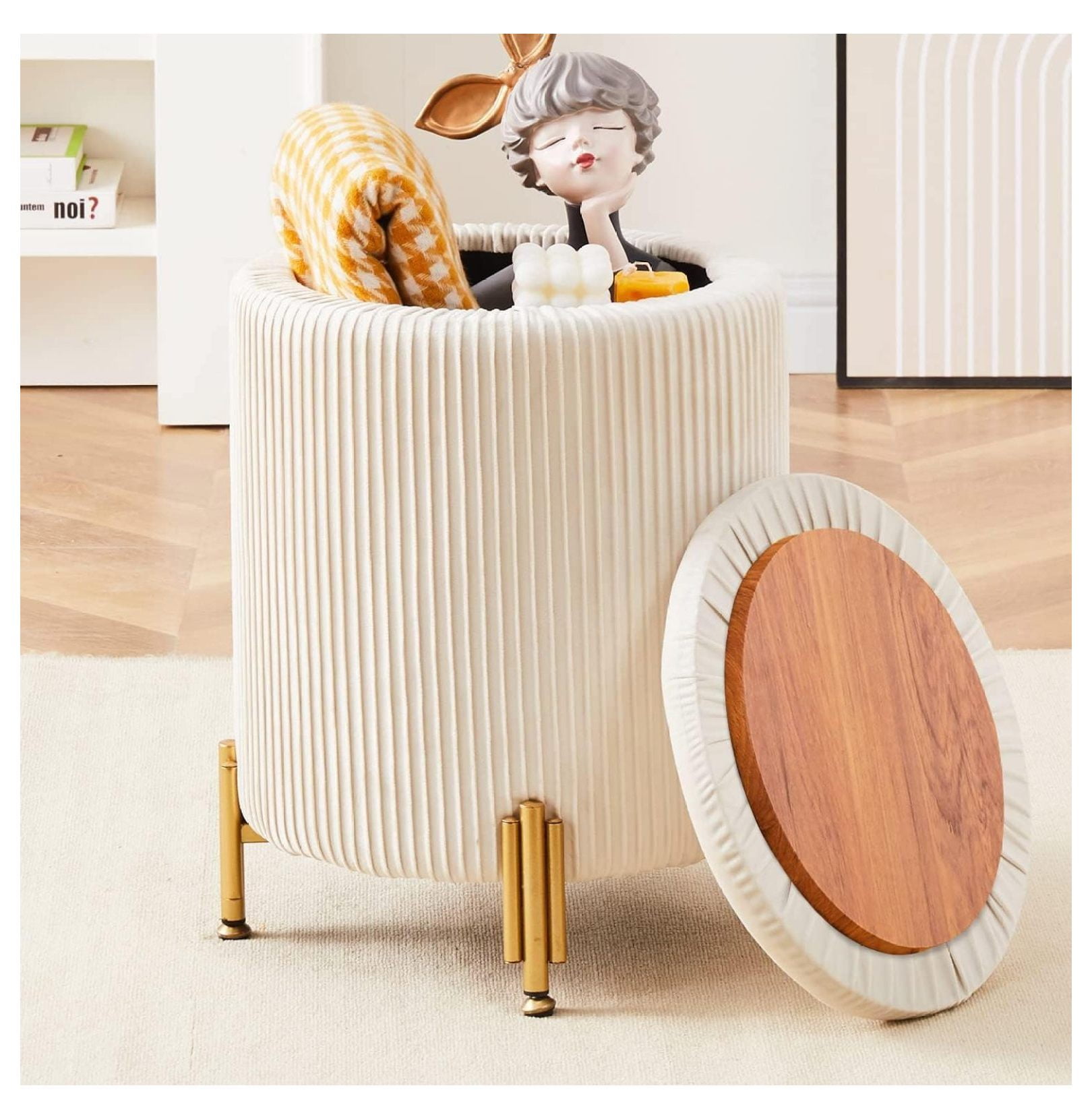 KriKac Round Ottoman Foot Stool with Storage and Metal Legs for Living ...