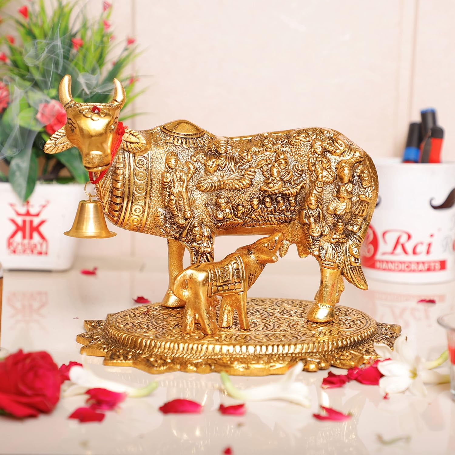 KridayKraft Gold Plated Kamdhenu Cow with Calf Metal Statue for Good ...