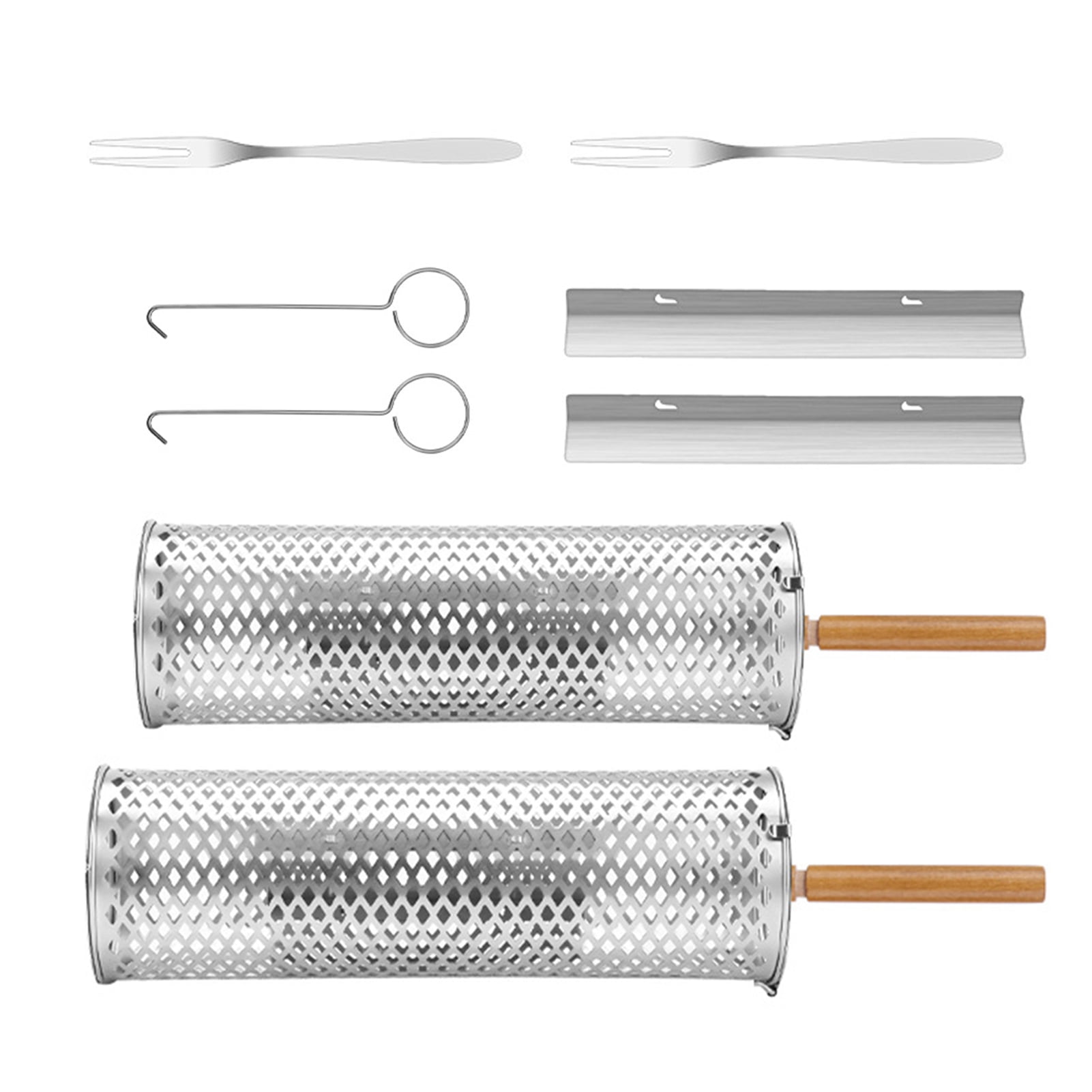 Kripyery BBQ Cage Rolling Grill Basket Kit with Handle Hooks Forks ...