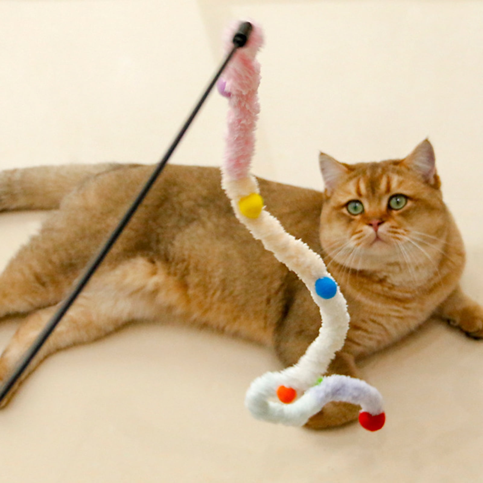 Kripyery Cat Teaser Stick Long Handle Soft Color Plush Ball Bite ...