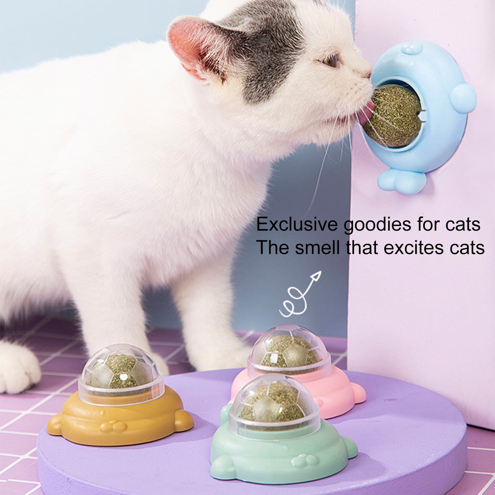 Kripyery Catnip Ball Toy 360 Degree Rotatable Self Adhesive with Lid Dental Care Safe ...