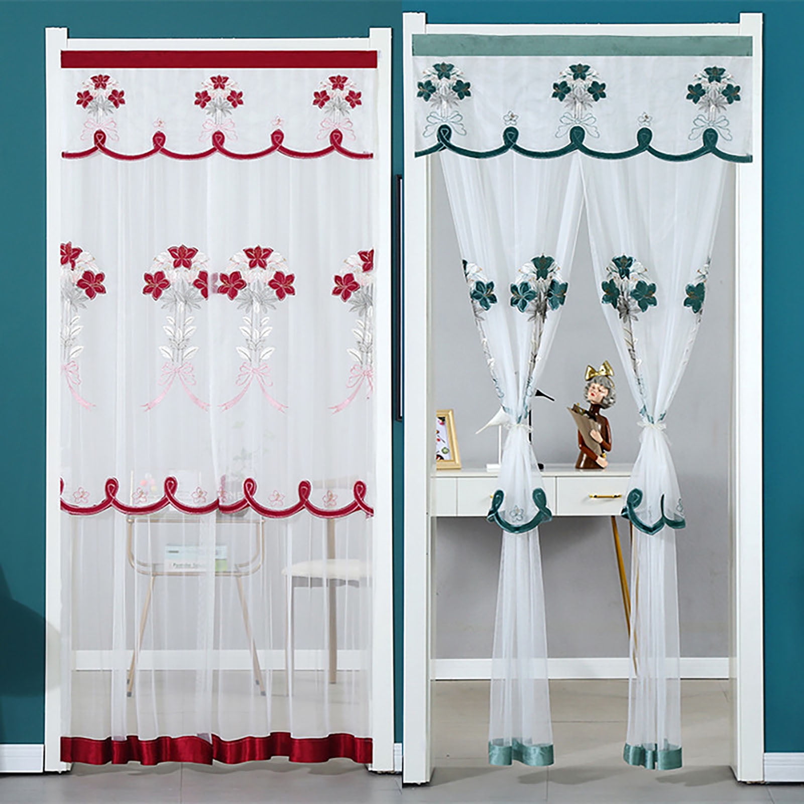 Kripyery Door Curtain Lily Embroidery Double Layer Mesh Shading Summer ...