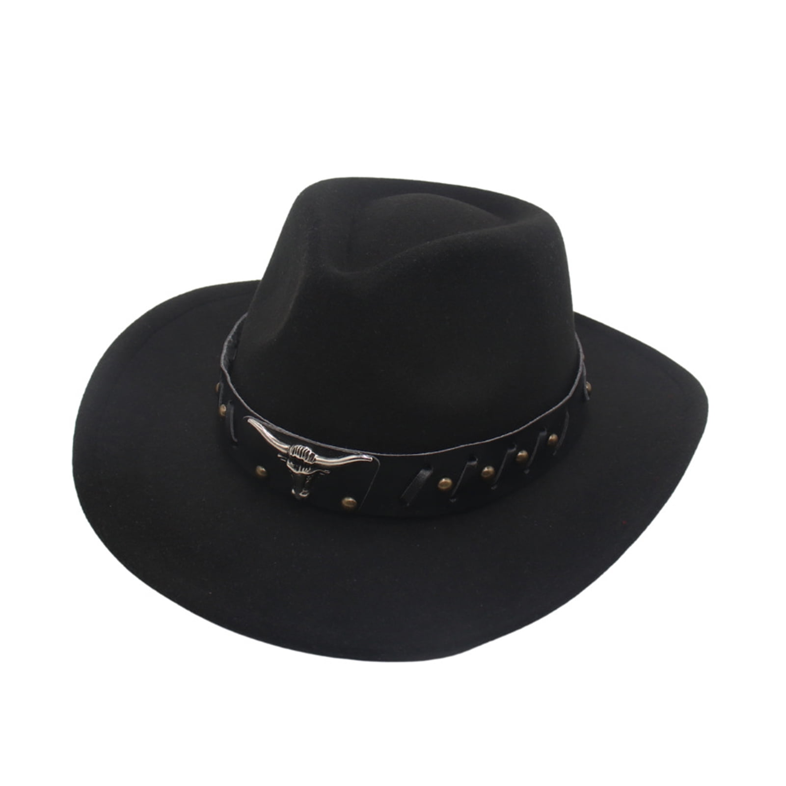 Kripyery Fedora Hat Cow-head Decor Wide Brim Western Style Soft Touch ...