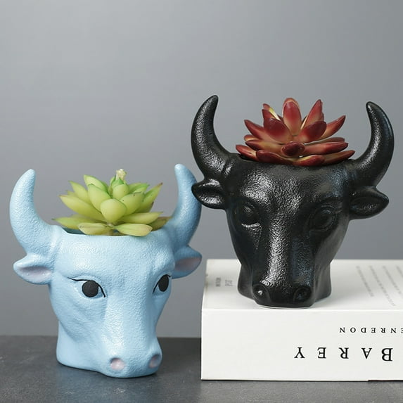 Kripyery Portable Flower Pot Drain Hole Ceramic Bull Head Shape Plant ...