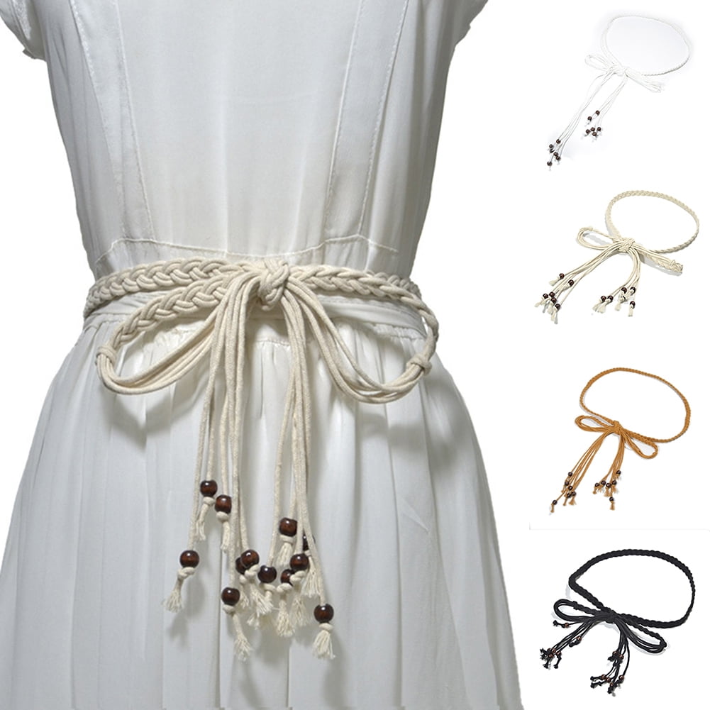 Kripyery Womens Bohemia Braided Beads Thin Skinny Waist Rope Belt Self ...