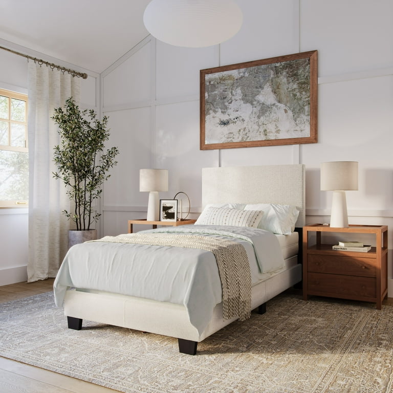 Kris Alley Aura Off White Boucle Fabric Upholstered Twin Single Bed Frame with Padded Headboard Beige