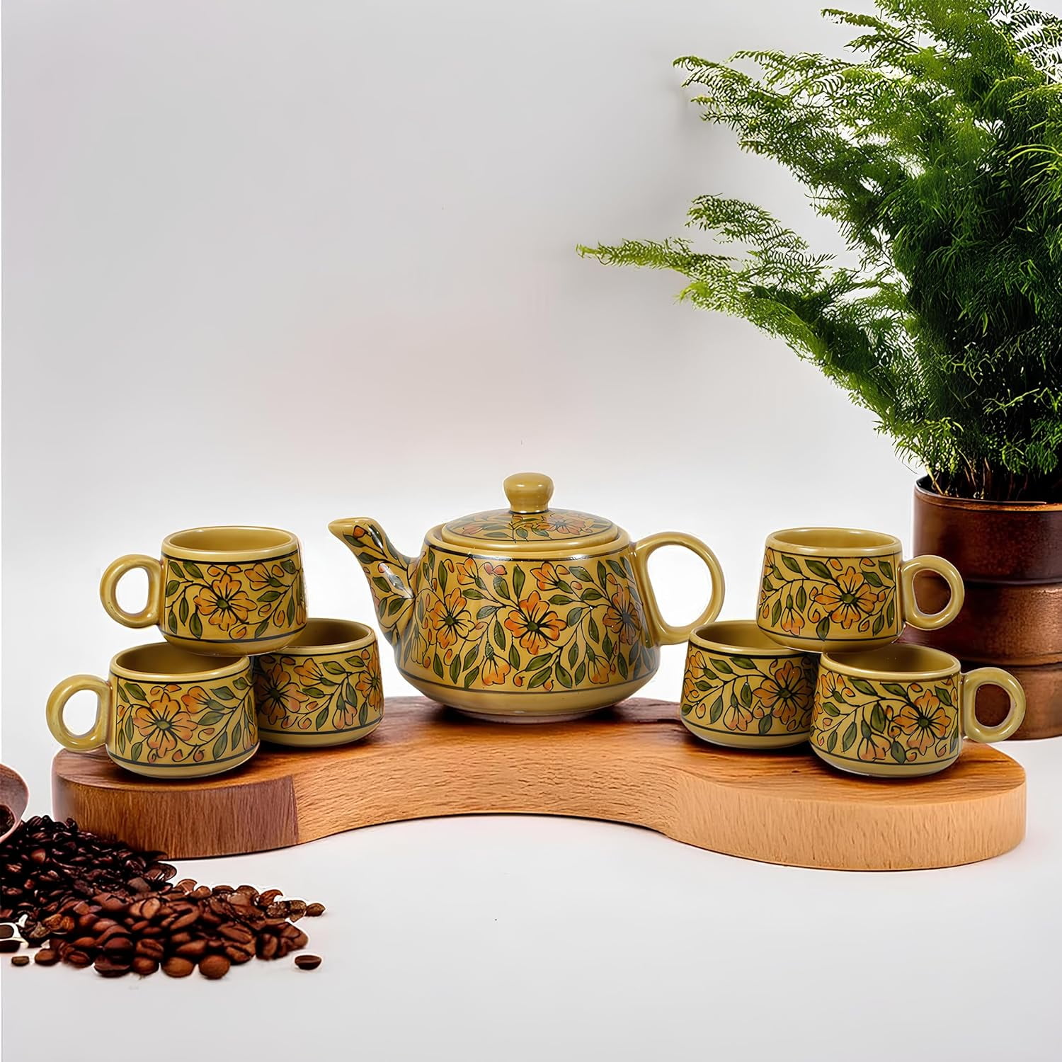 Krishiv Krafts Hand Crafted Golden Color Mugal Art Work TeaCoffee Set of 7 Pcs6 Cups 1 Tea Pot ...