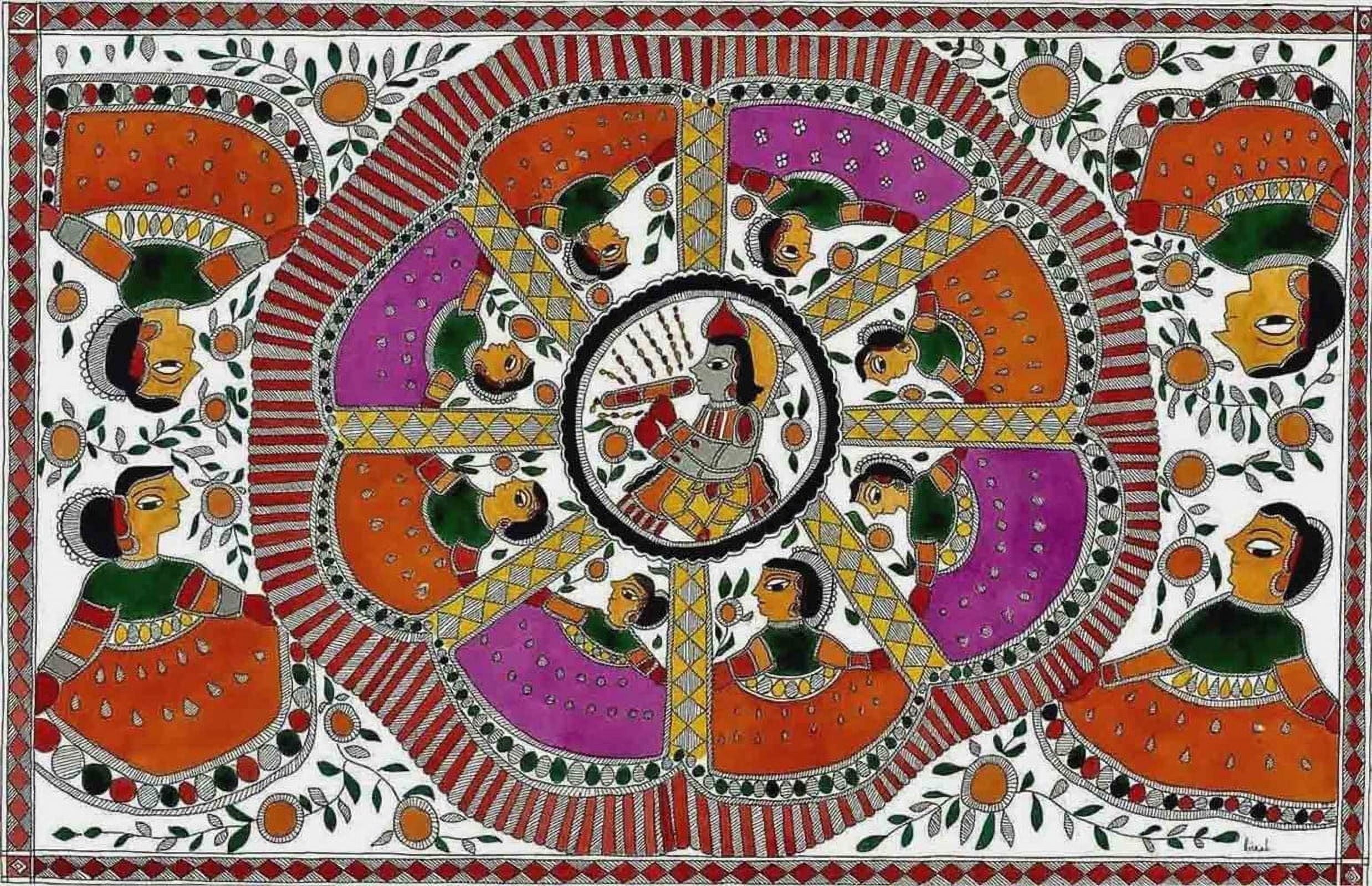 Krishna In Raas with Gopini, Madhubani Style Painting, Limited Edition ...