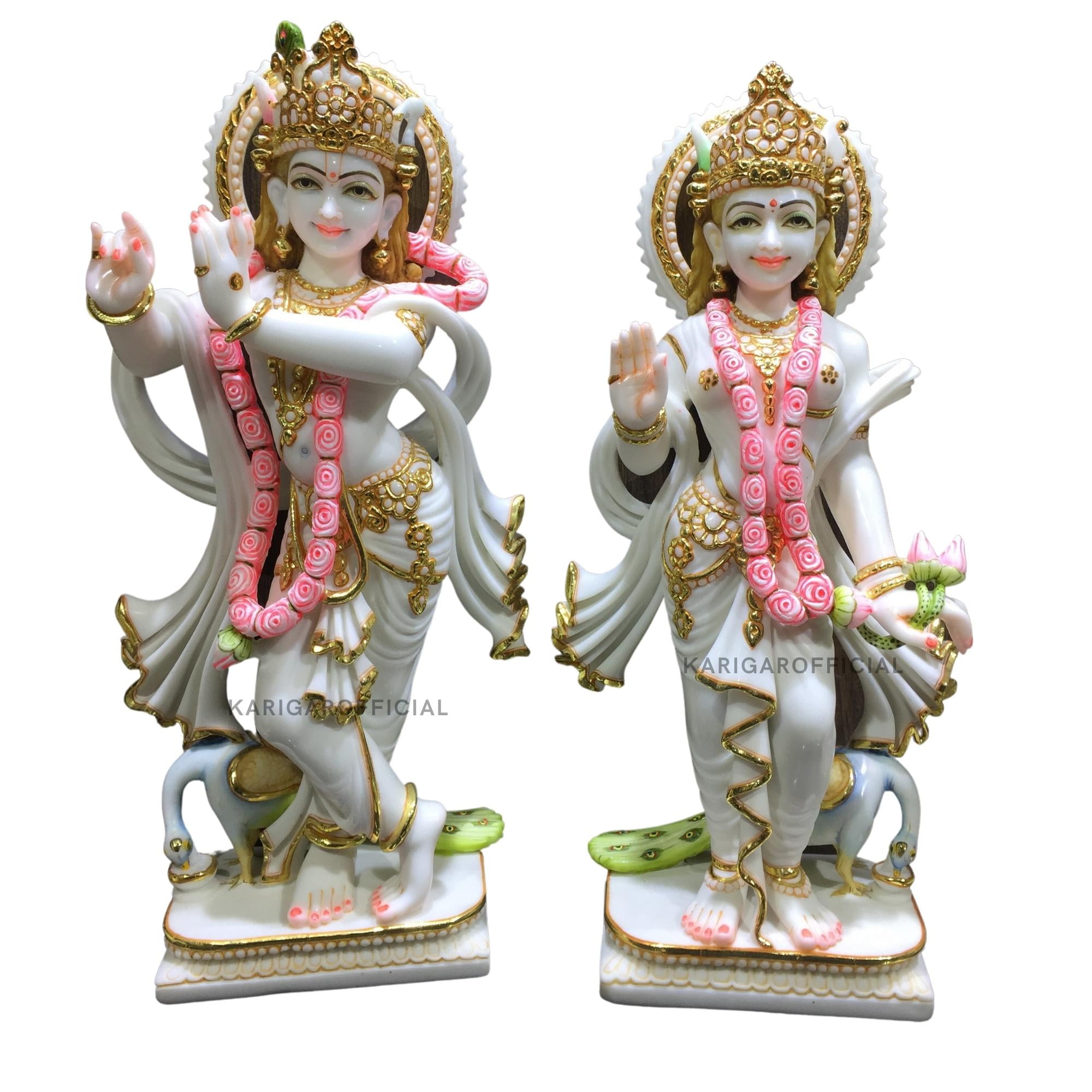 Krishna Statue, Gold Leaf Work Figurine, Large 24 inches White Marble ...