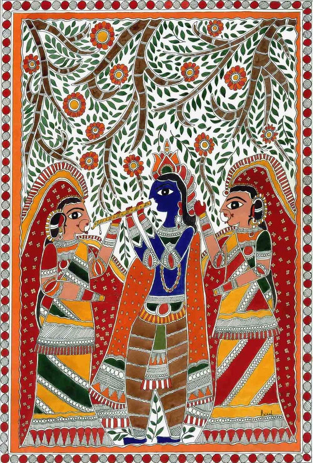 Krishna With Gopini, Madhubani Painting, Hand Painted, Watercolour and ...