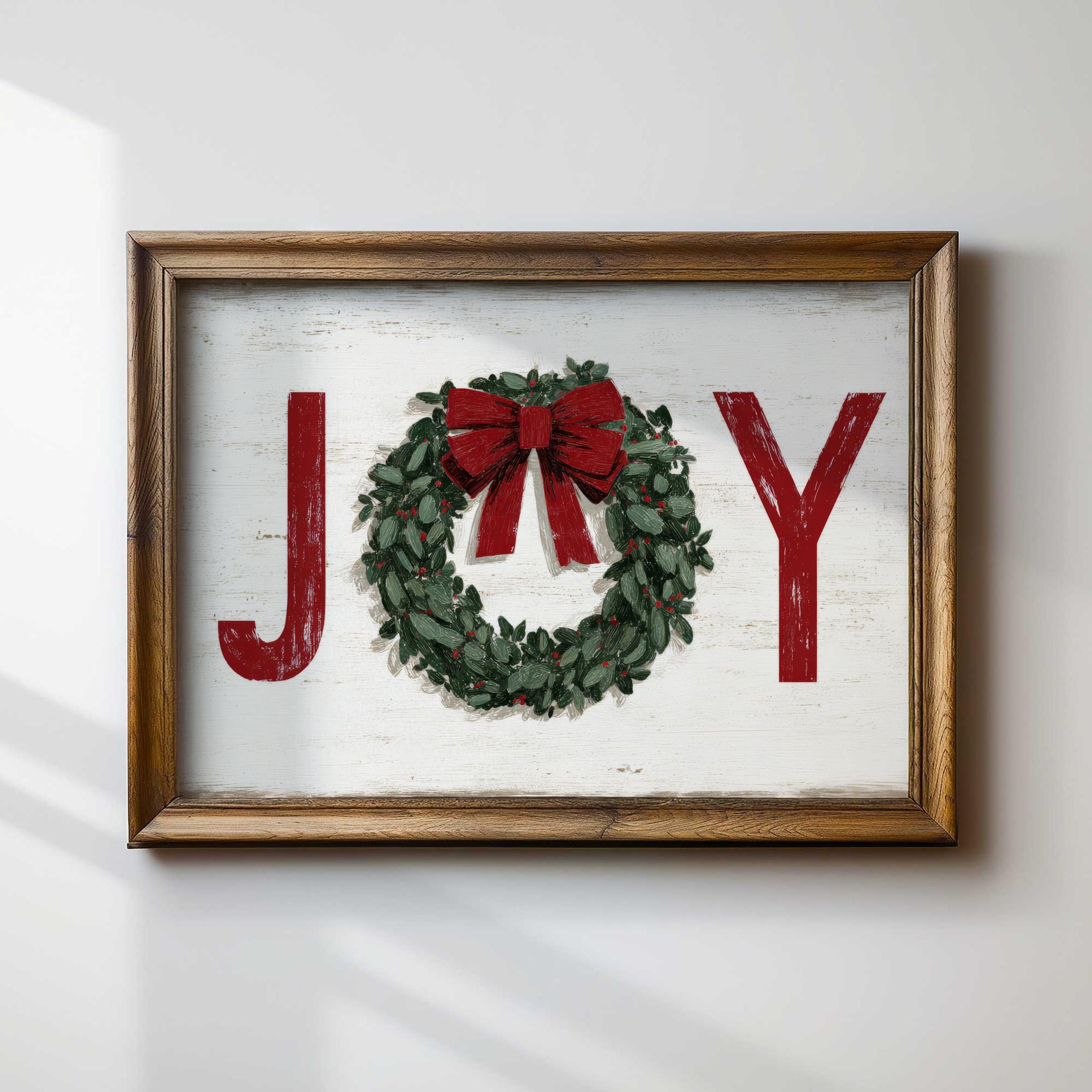 Kristmas “Joy”, Wall Art With Wreath And Red Bow, Festive Seasonal ...