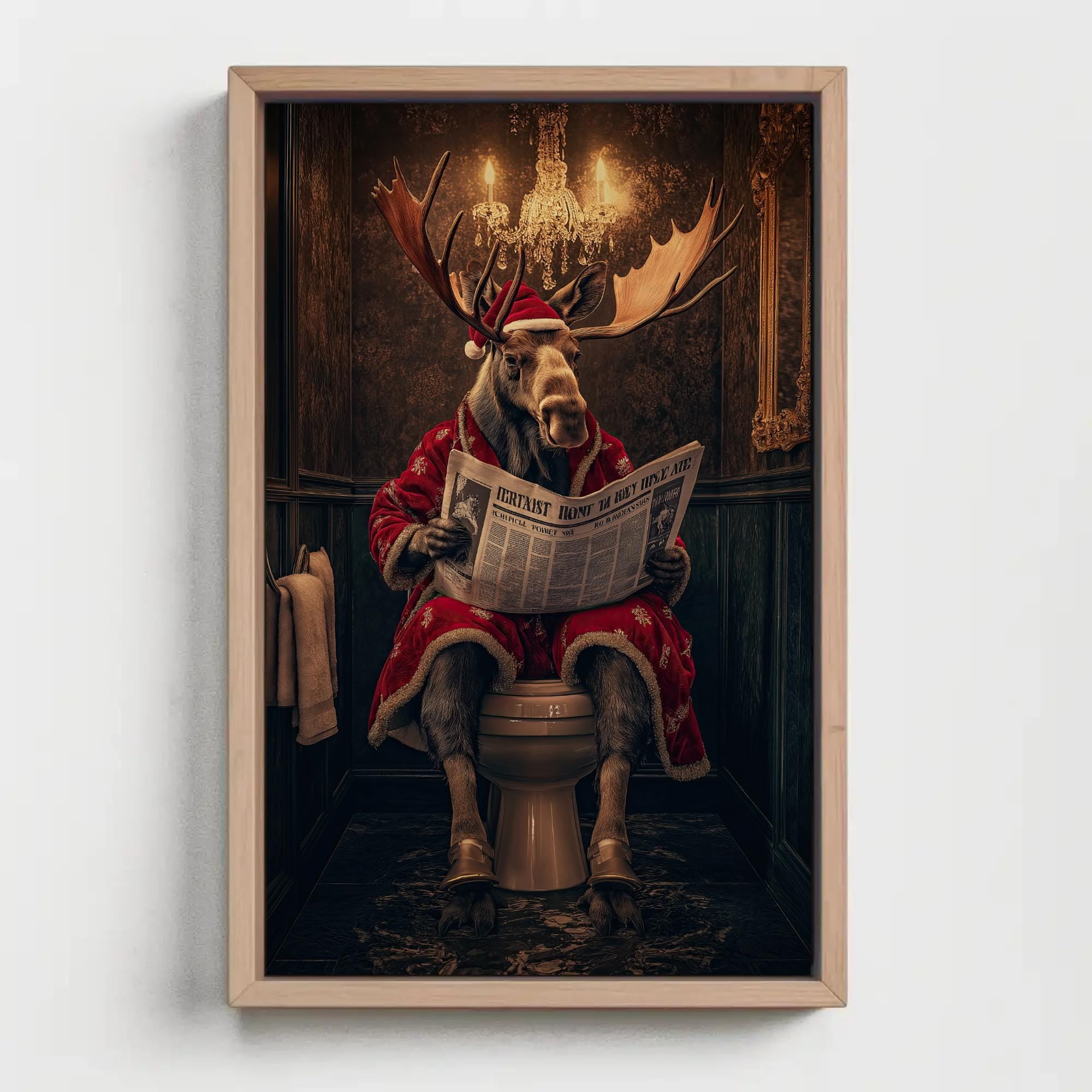 Kristmas Moose Reading Newspaper Print, Art, Moose In Santa Robe ...