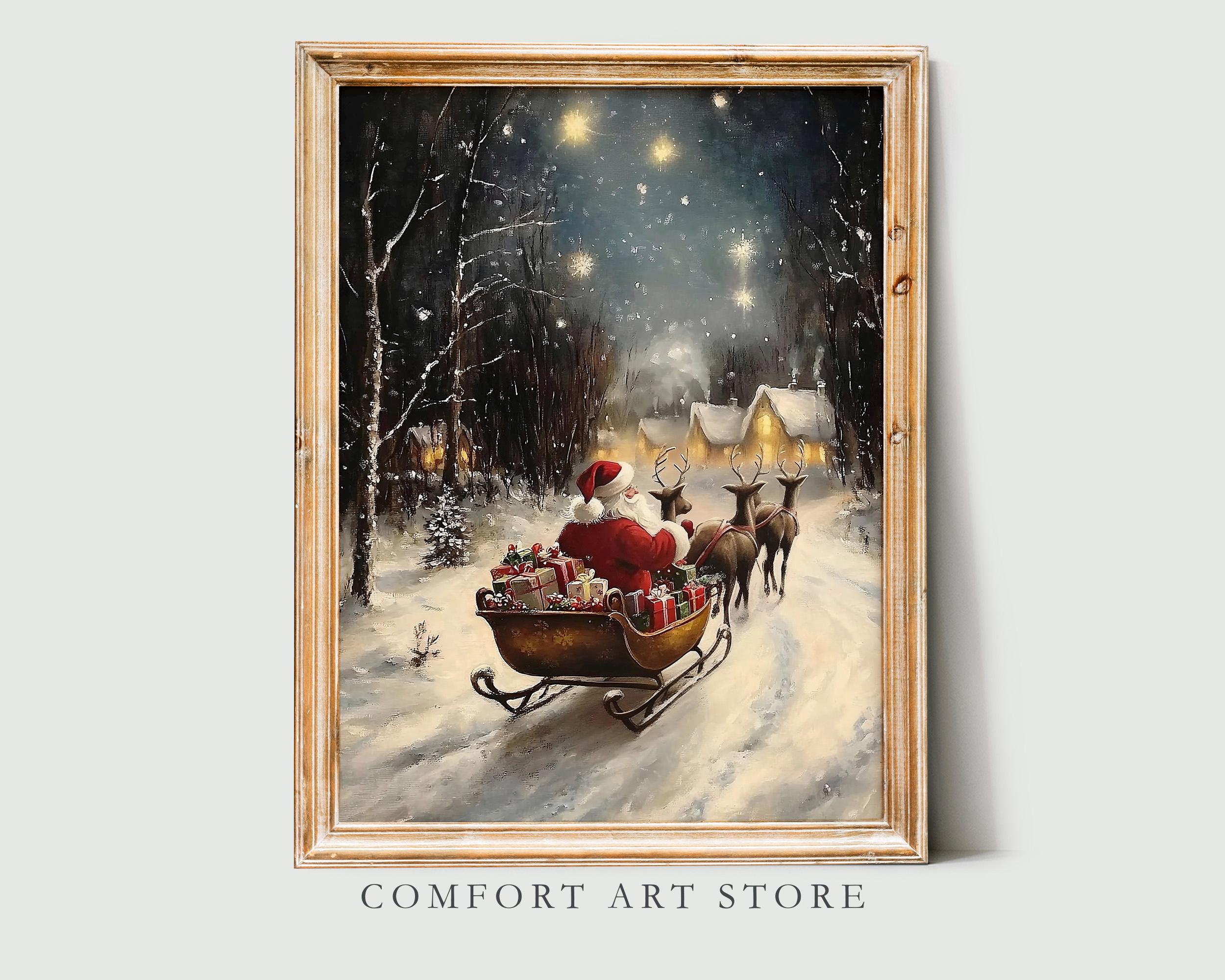 Kristmas Print Santa Claus Sleigh With Reindeer Vintage Kristmas Wall ...