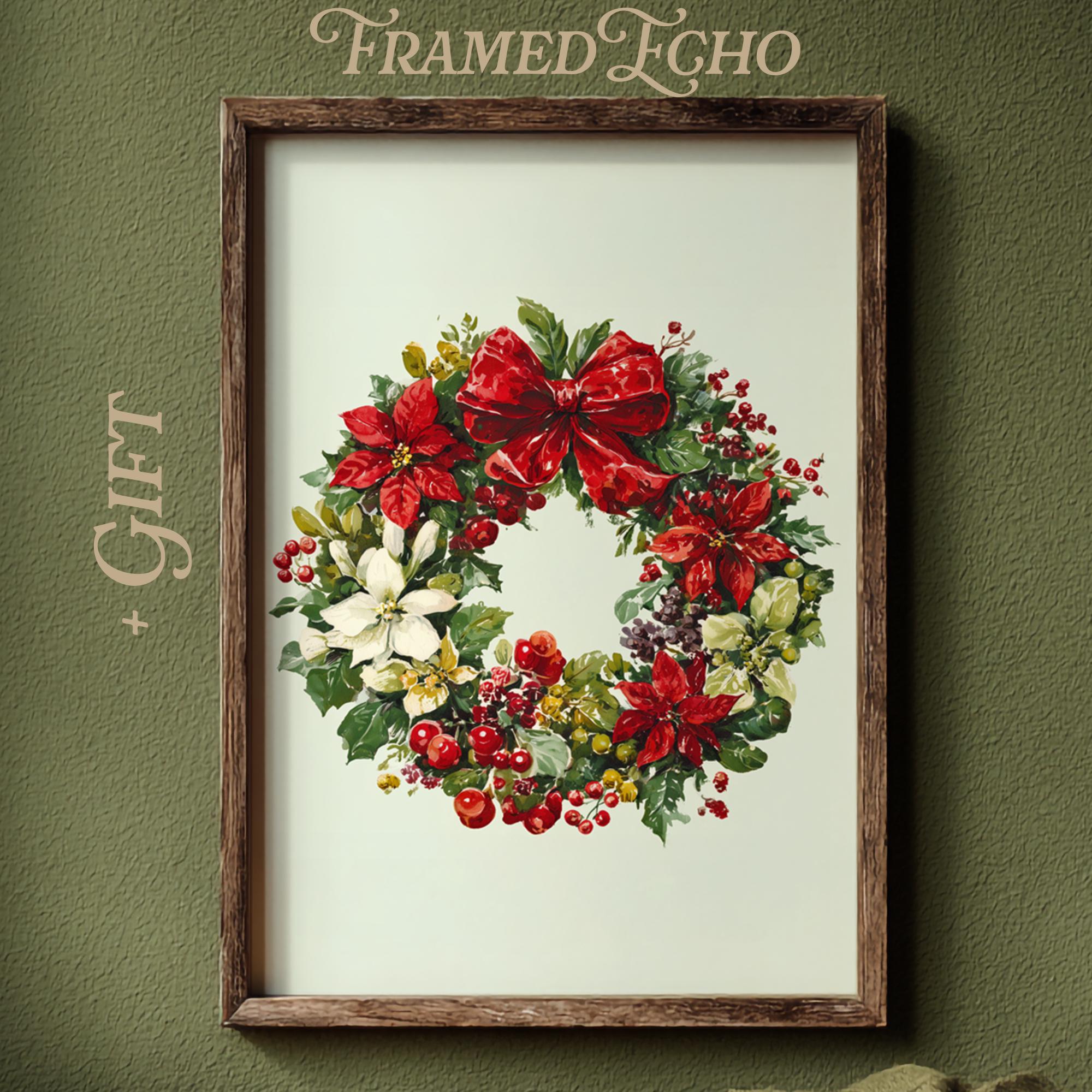 Kristmas Wreath Print, Vintage Wall Art, Poinsettia, Festive Home Decor ...
