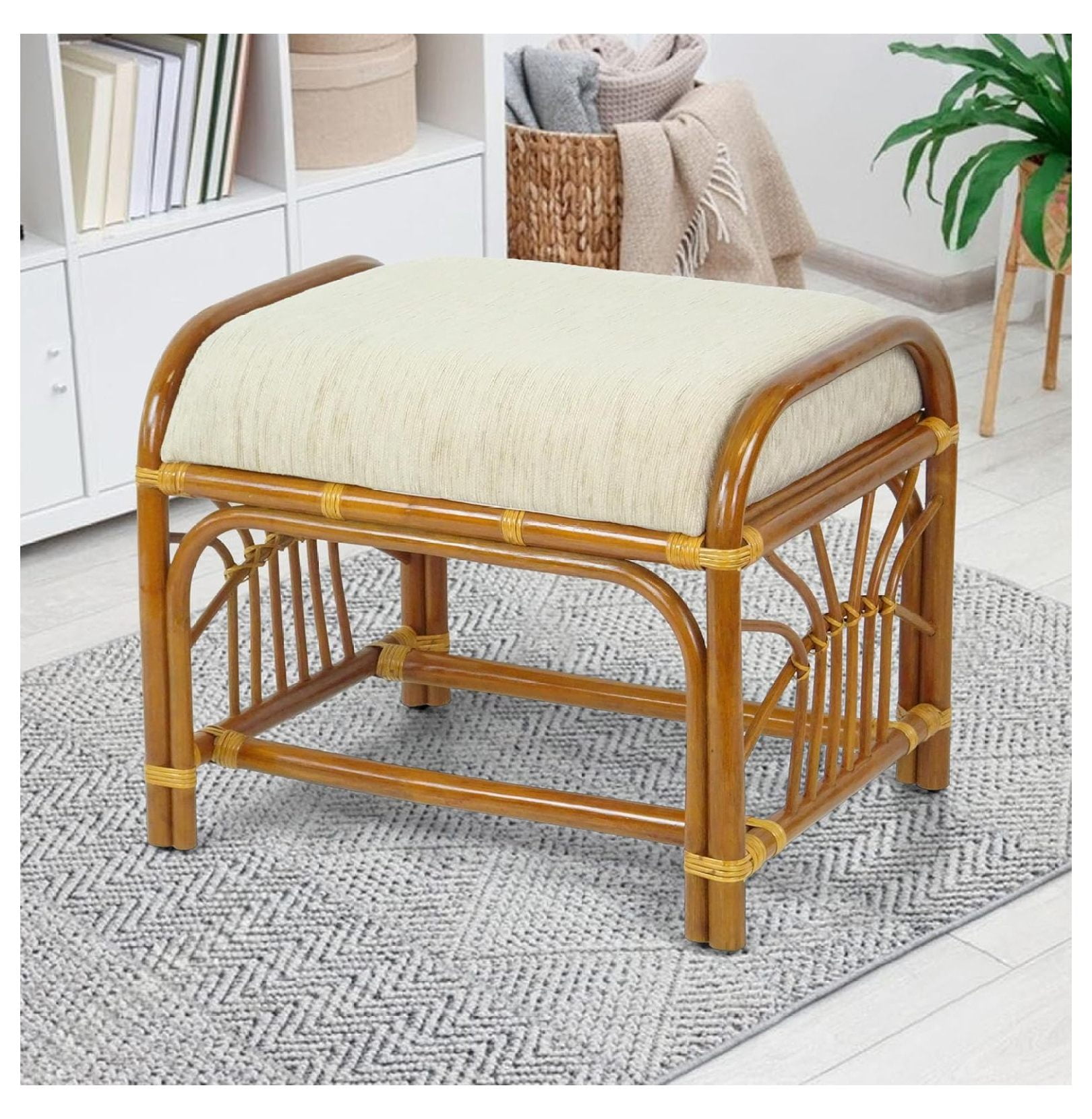Krit Handmade Rattan Wicker Ottoman Footstool with Cushion Fully ...