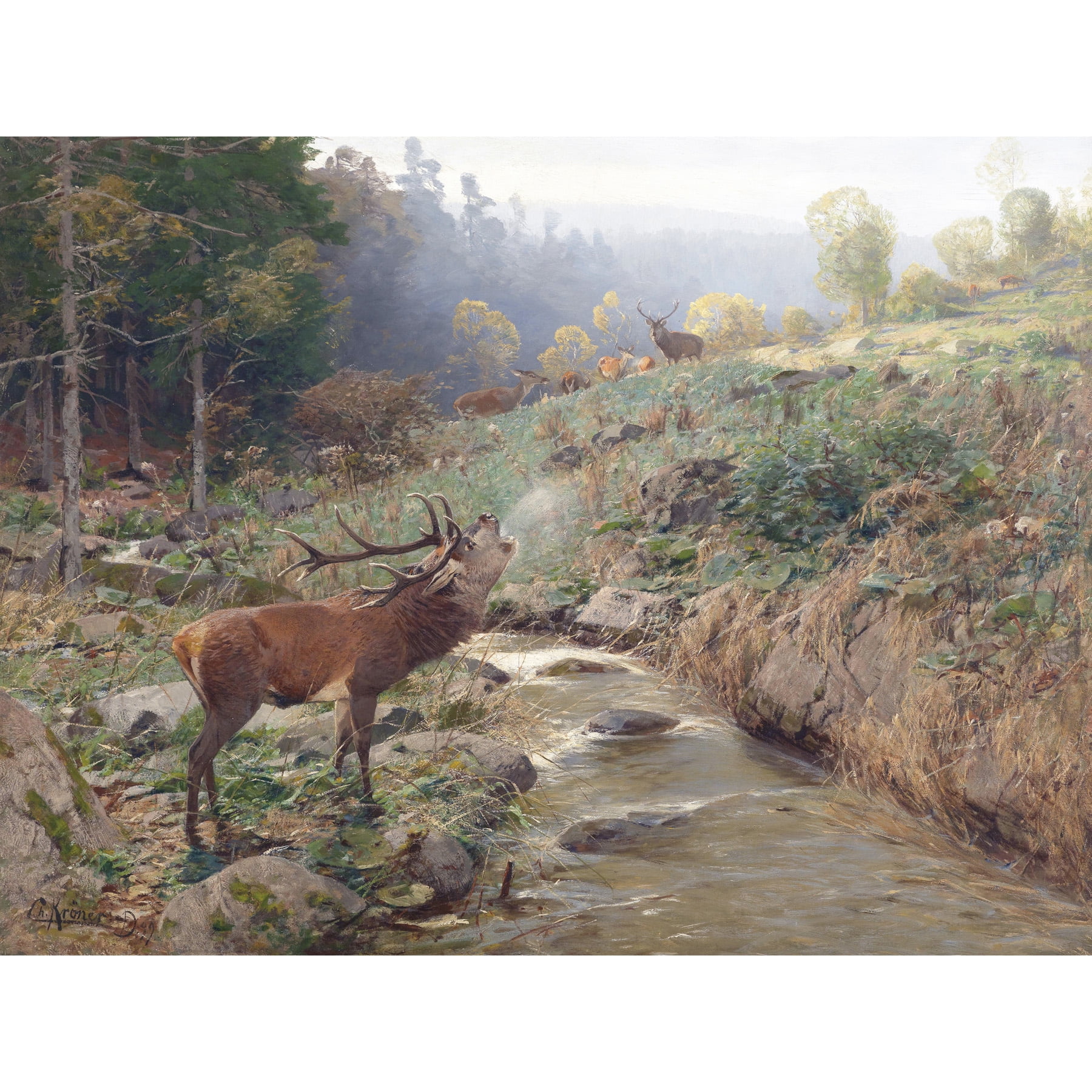 Kroner Herd Red Deer Forest Glade Stag Painting Extra Large Art Print ...