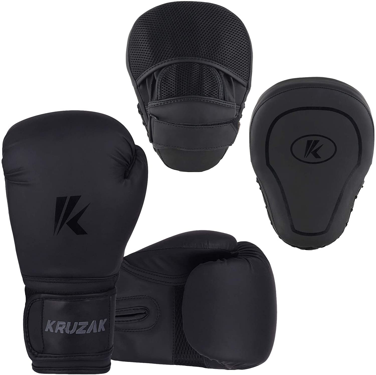 Kruzak Matte Black Boxing Gloves and Focus Mitts Set for Kickboxing and ...
