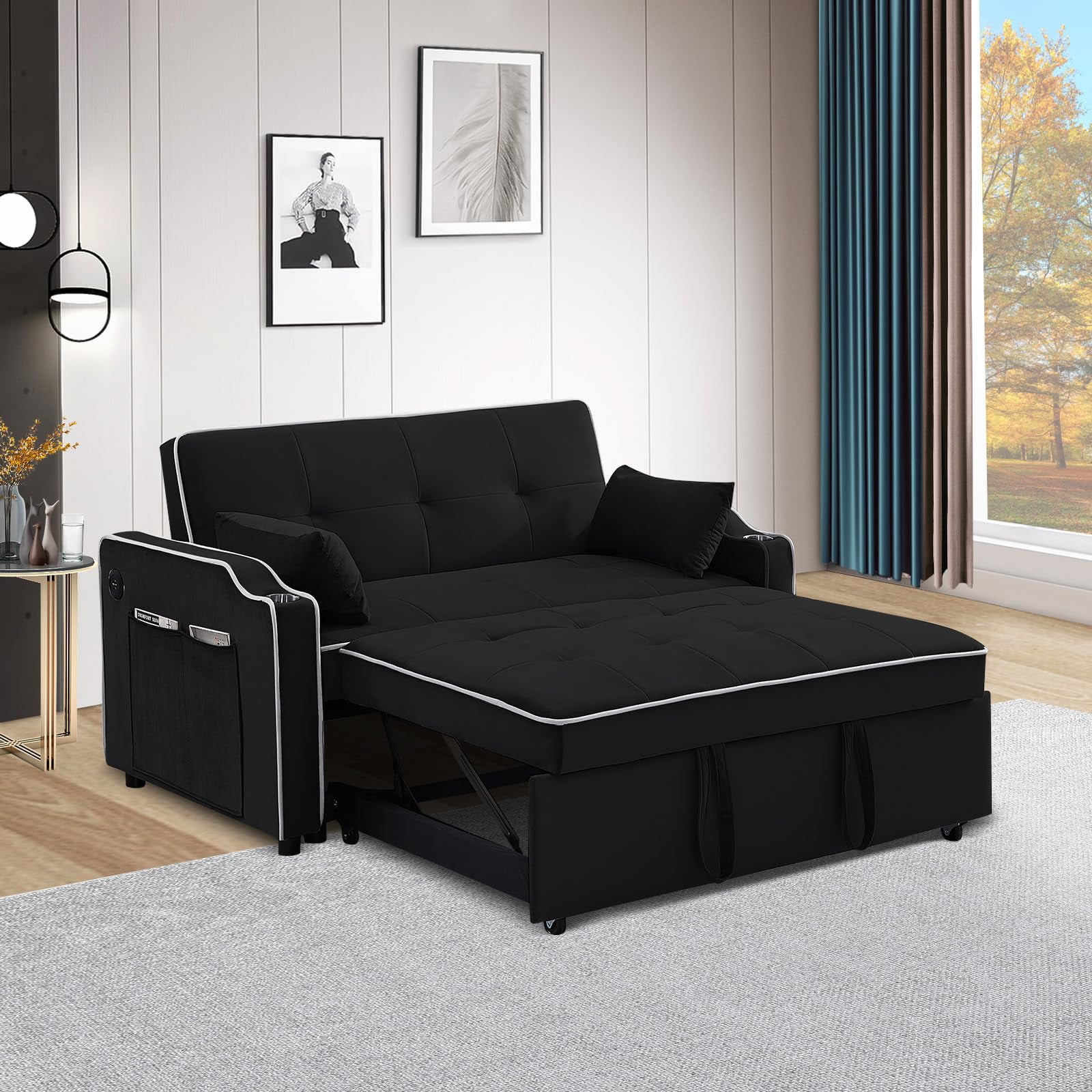 Kselythan 3-in-1 Multi-Functional Pull Out Sofa Bed Velvet Upholstered ...