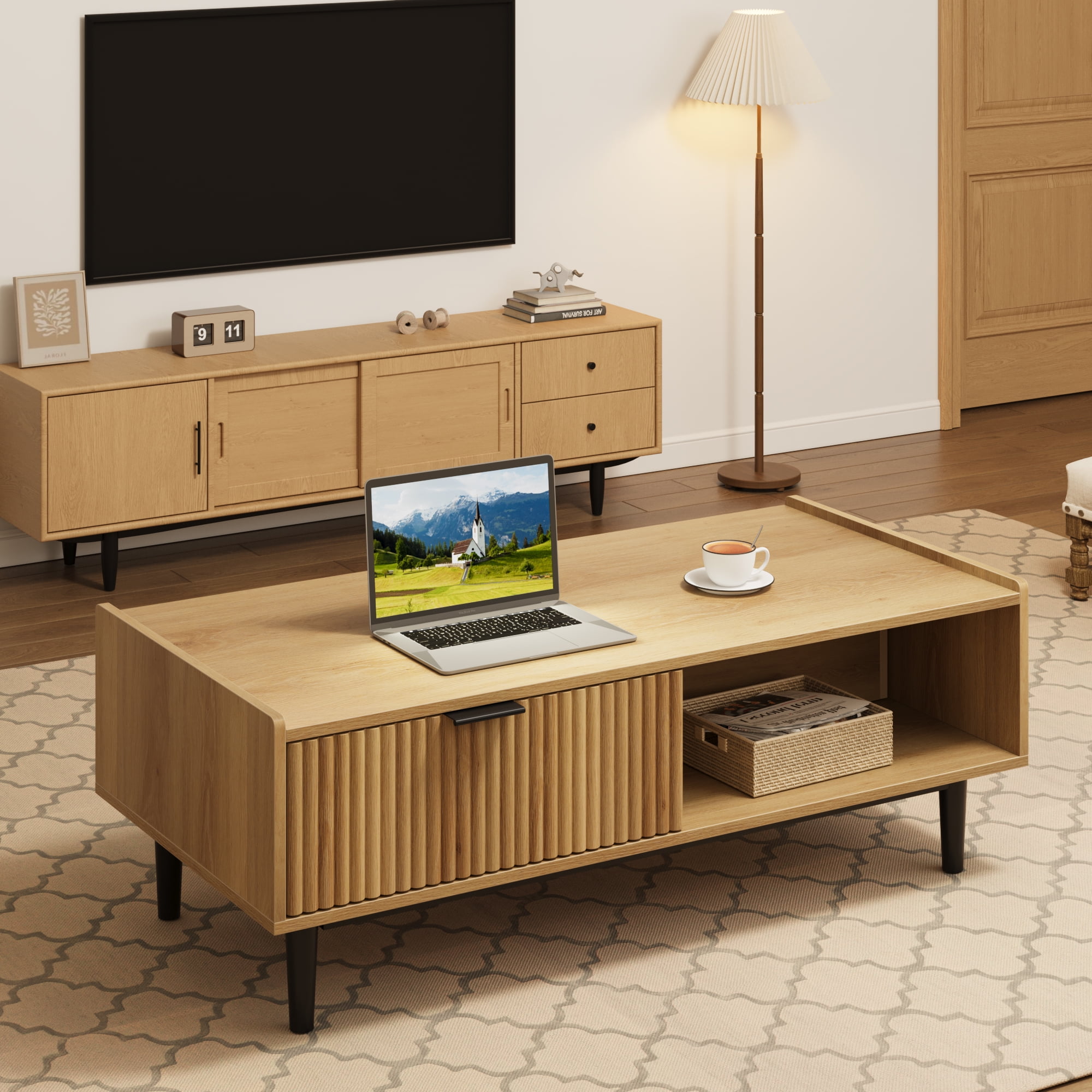 Kselythan 42.5" Fluted Coffee Table, End Table With Open Shelf, Modern ...