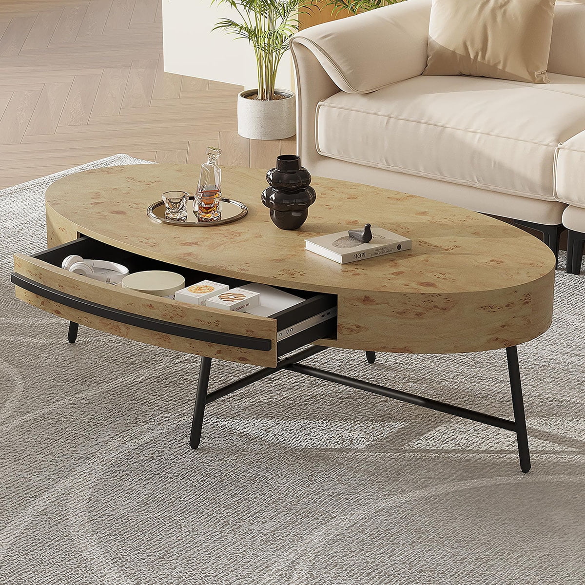 Kselythan 47.2inch Oval Coffee Table with Drawer,Mid-Century Modern ...