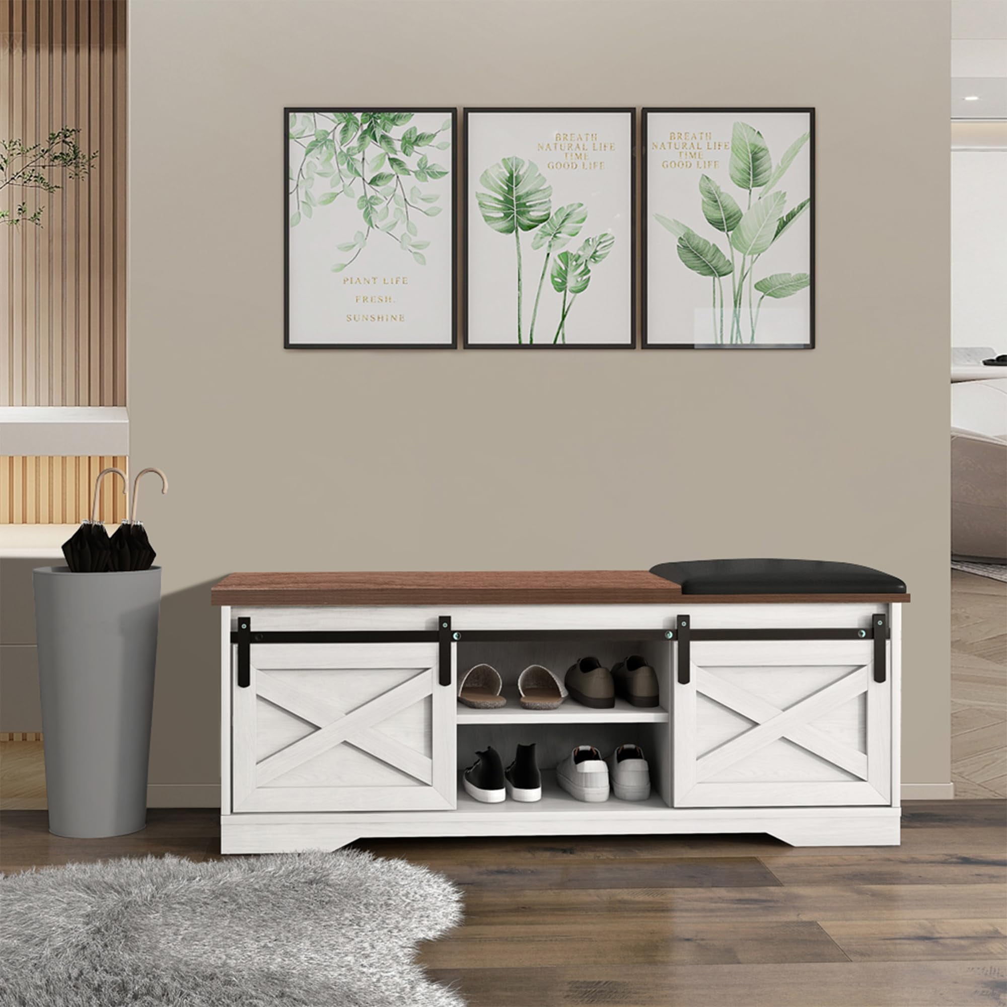 Kselythan 47 inch Modern White Shoes Bench with Sliding Barn Door ...