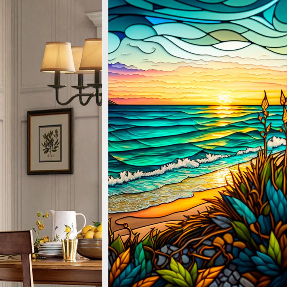 Kselythan Colorful Seaside Sunset Window Sticker, Stained Glass Window ...