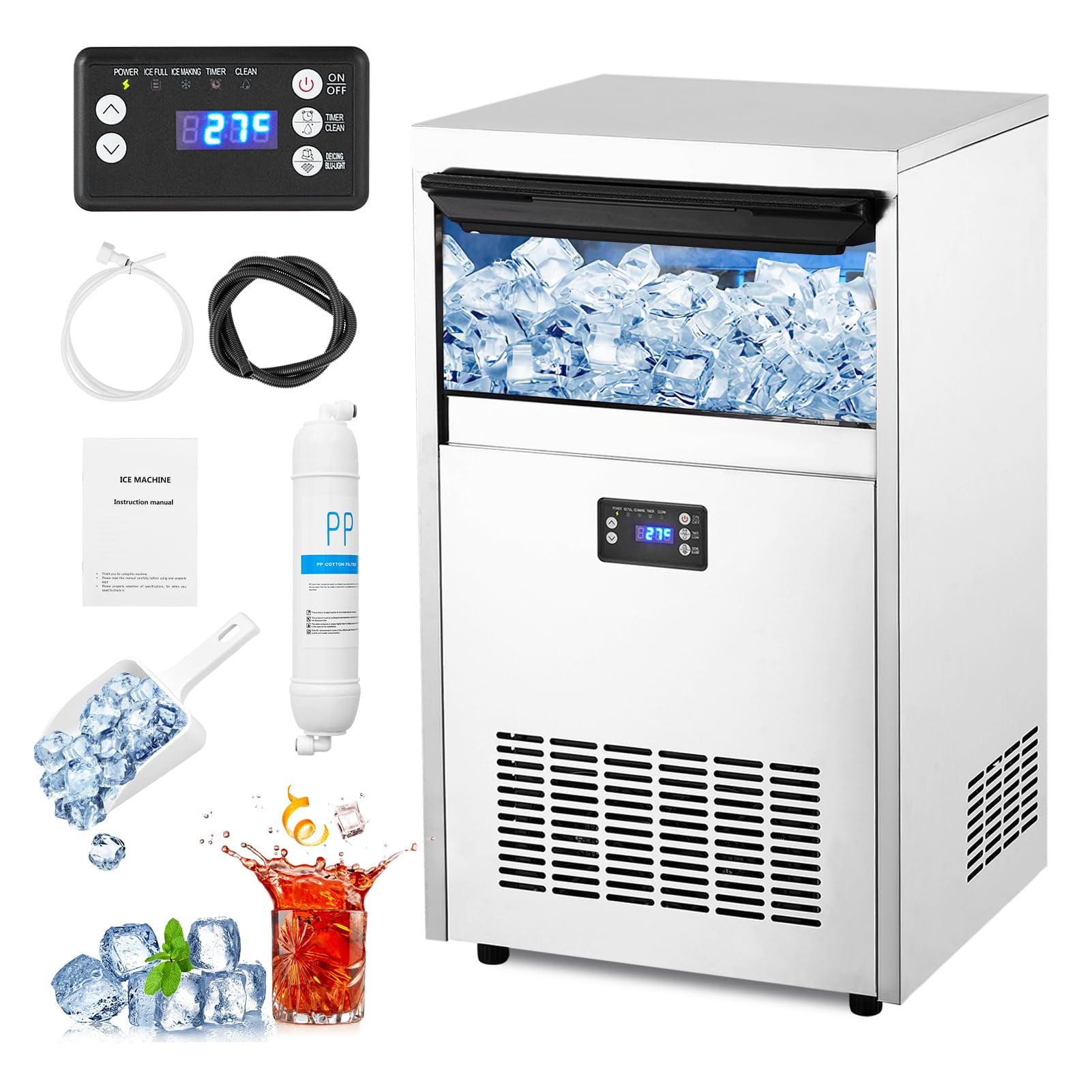 Kselythan Commercial Ice Maker Machine,100lbs/24H Stainless Steel Ice ...