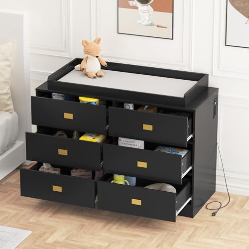 Kselythan Dresser Storage With 6 Drawer, Changing Table Top, Baby ...