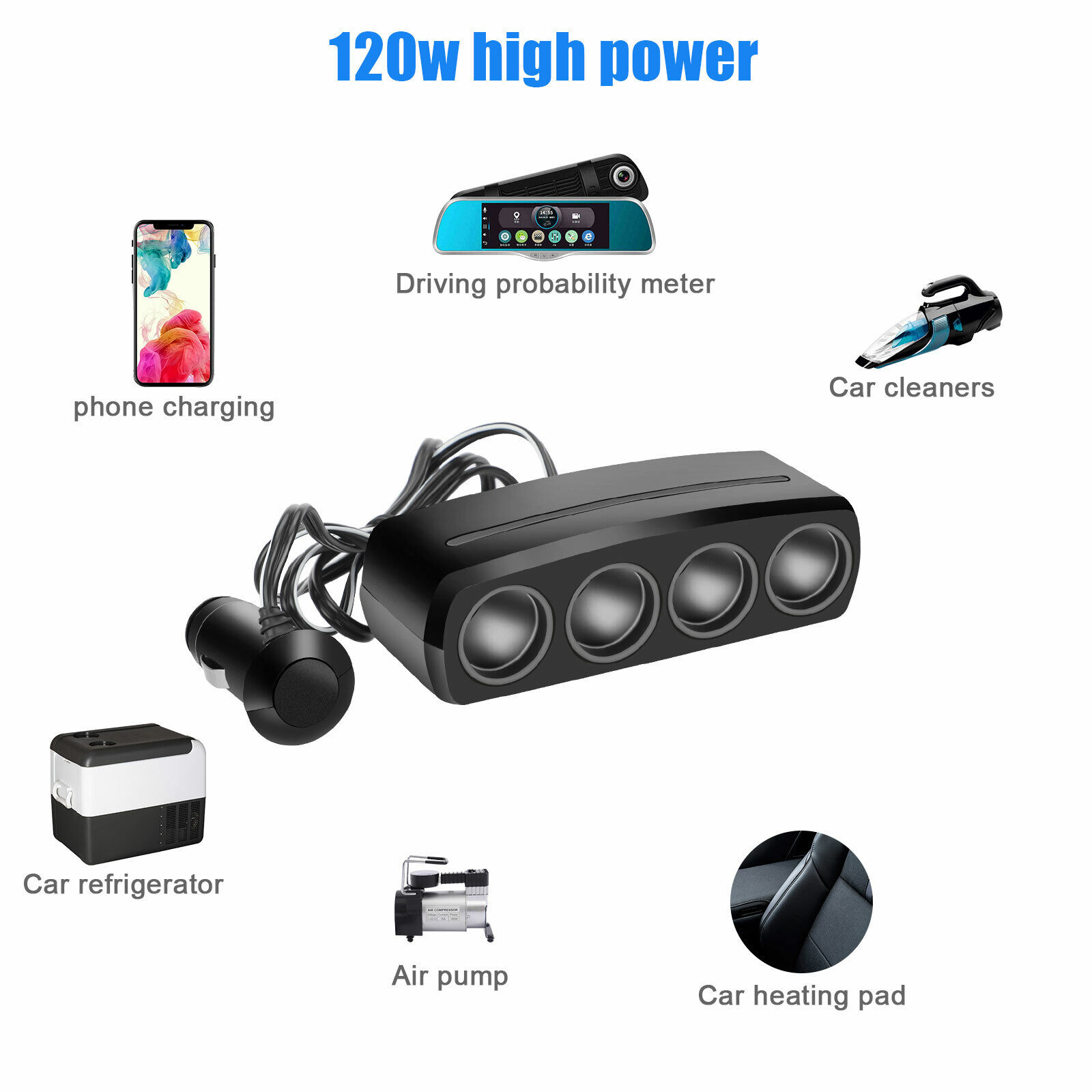 Kselythan Four-way Multi Socket Car Lighter Splitter Power Adapter，12V ...