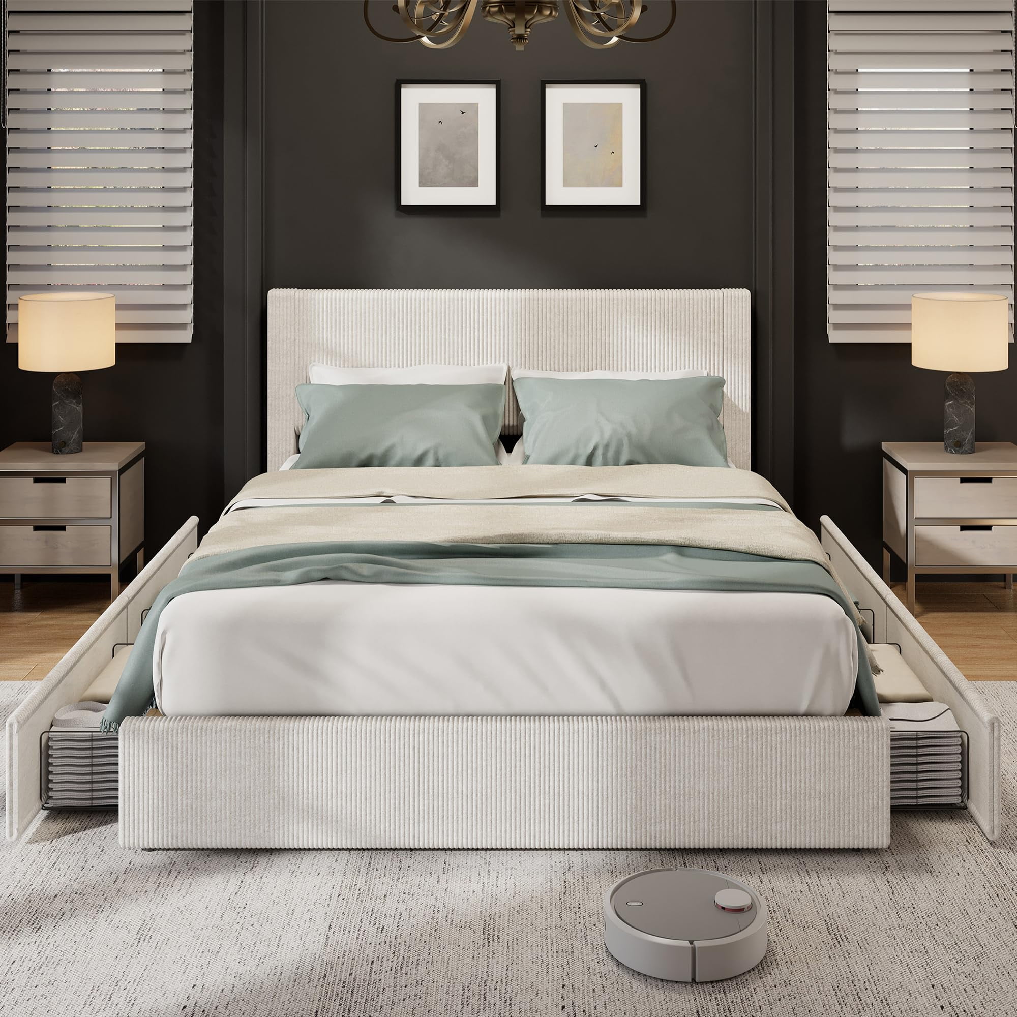 Kselythan Full Size Bed Frame with 4 Storage Drawers,Vertical Channel ...