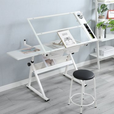 Height Adjustable Drafting Table with Tilting Tabletop, 2 Drawers and ...