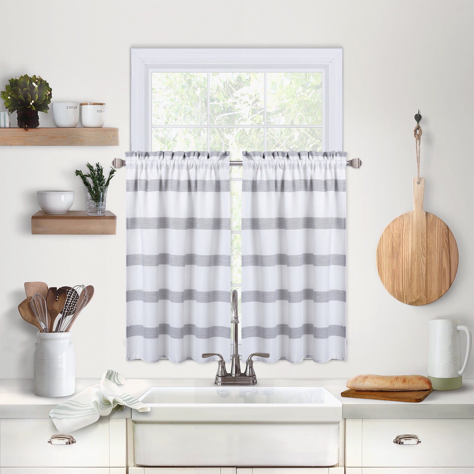 Kselythan Striped Pattern Cafe Curtains Tailored Waffle Weave Textured ...