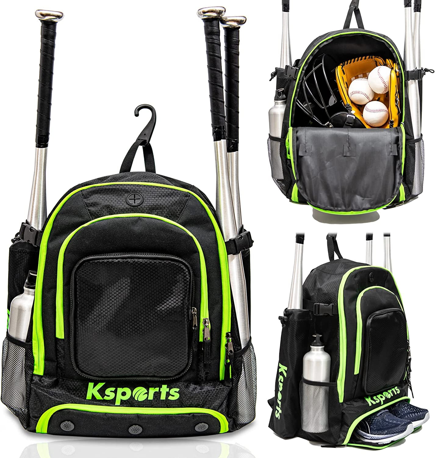 Ksports Baseball Bag, Black/Green, Holds Bats, Helmet, Gloves, Shoe ...