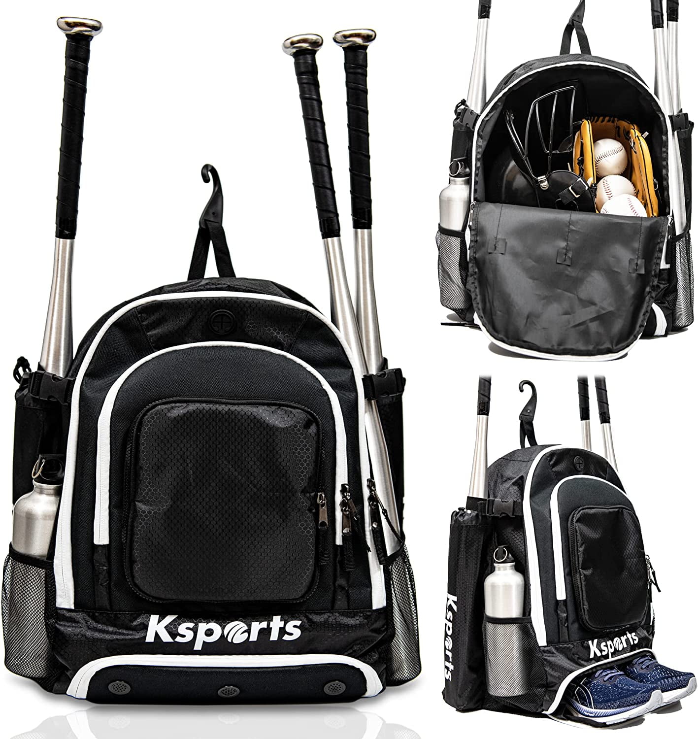 Ksports Baseball & T-Ball Backpack - Black/White, Holds Gear, Bats ...
