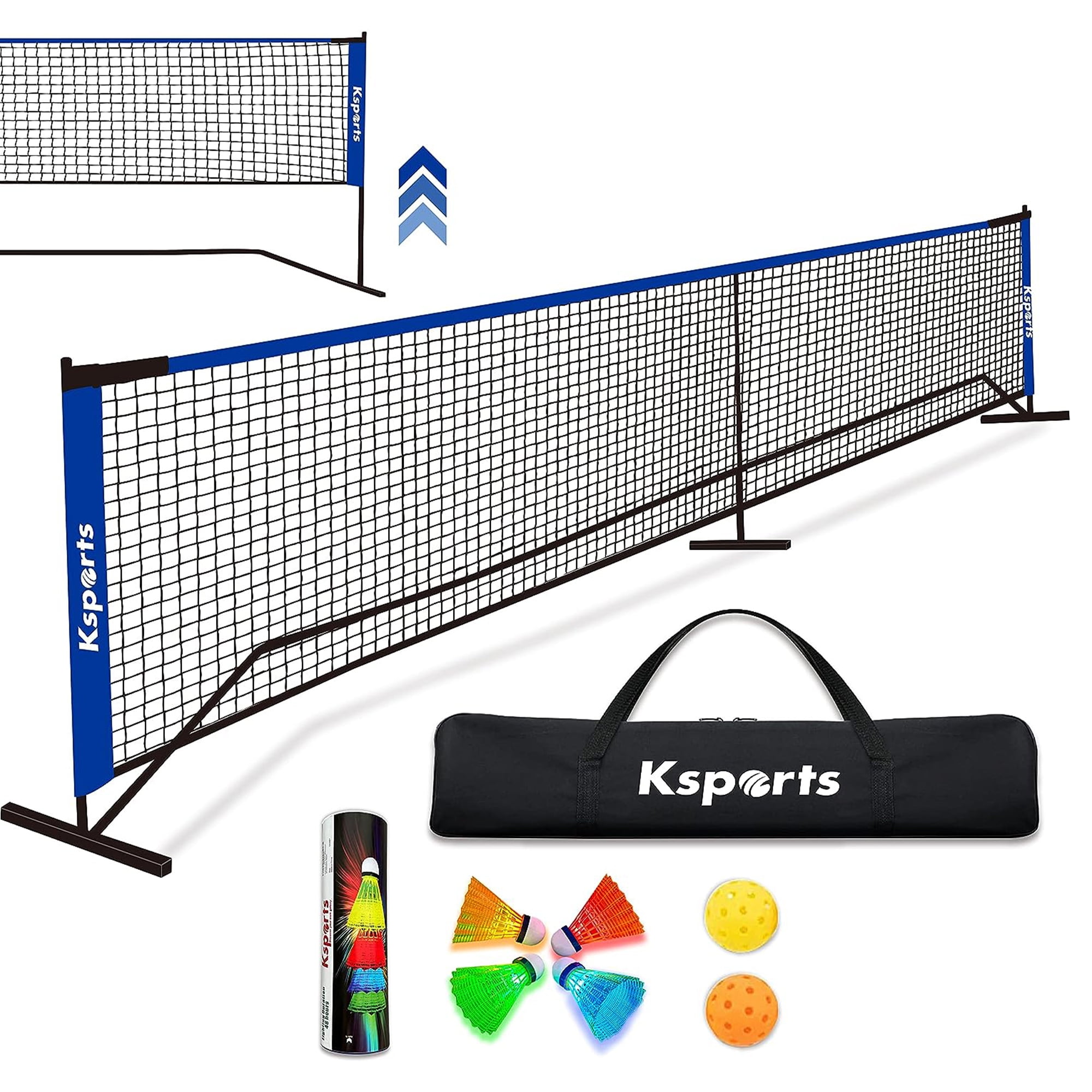 Ksports Pickleball Set w/ 22' Net, LED Shuttlecocks, Game Balls, Blue ...