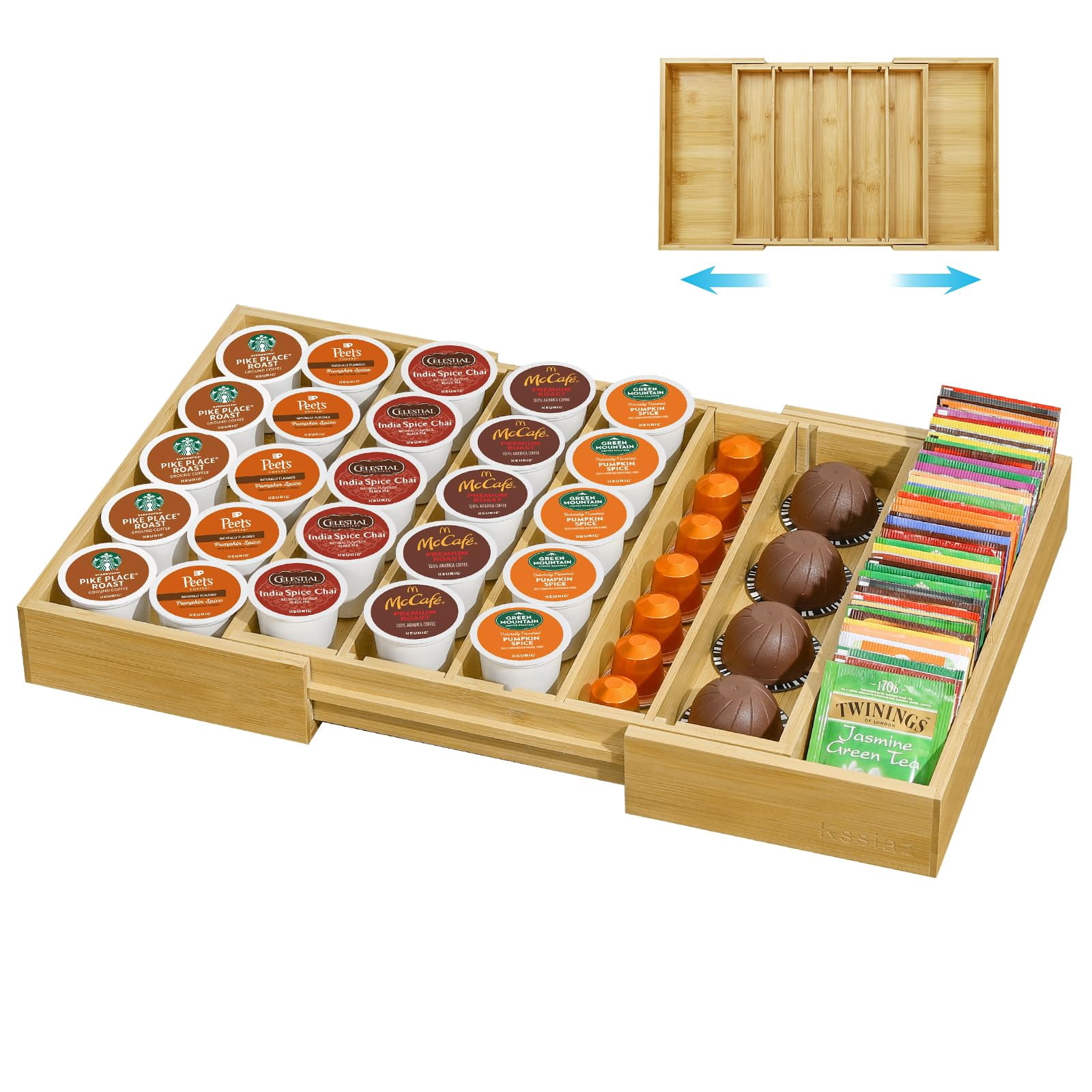 Kssiaz Bamboo Coffee Pod Holder Drawer, 25-45 K Cup Holder,Coffee Pod ...
