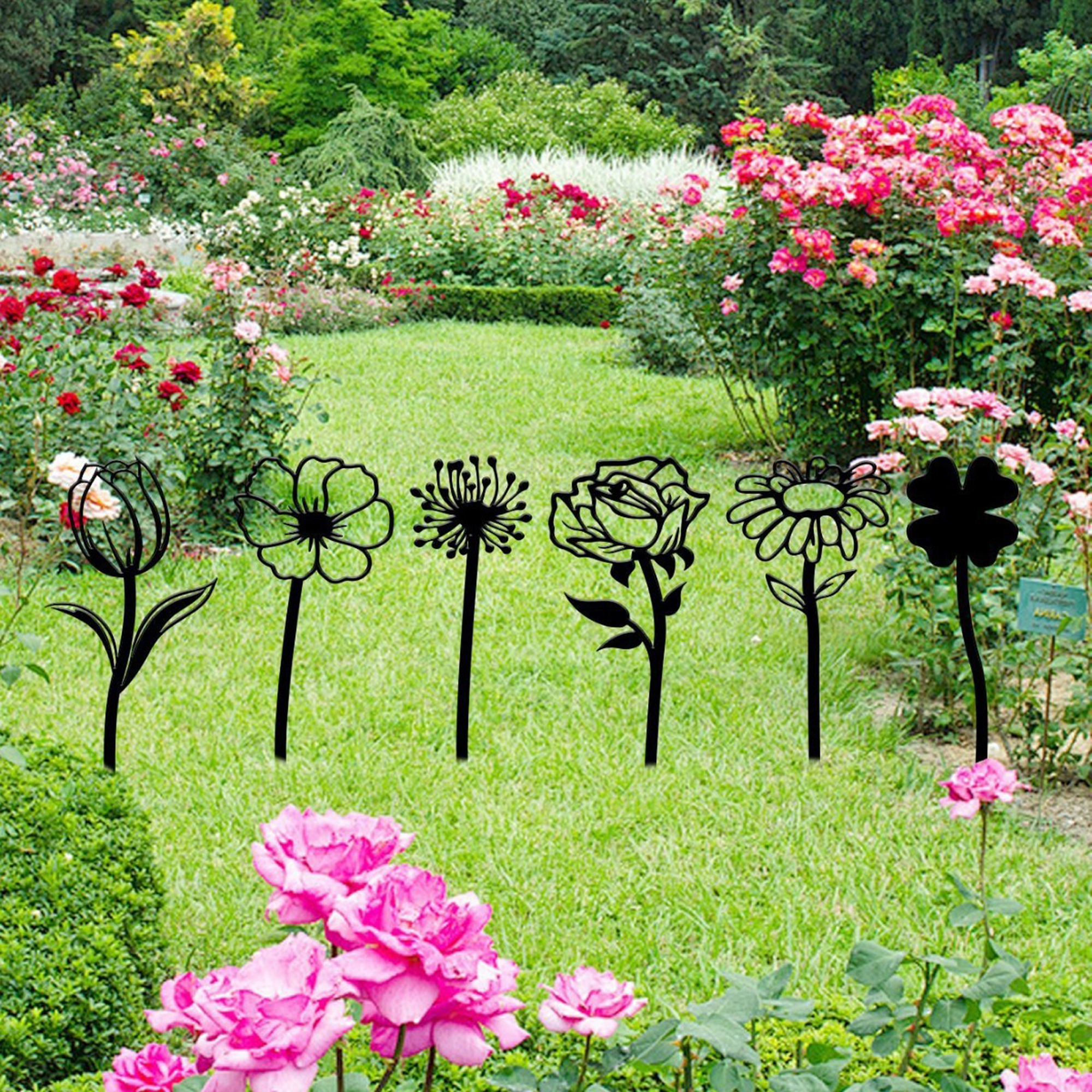 Ksxsiy 6pcs Metal Flower Garden Stakes, Hollowed Yard Sign Ground ...