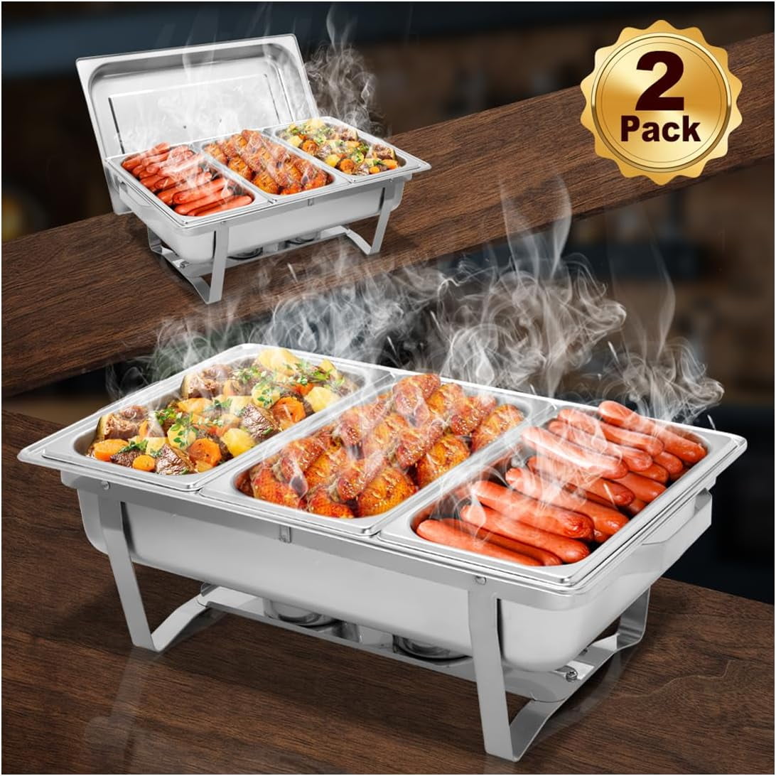 Ktaxon 2 Pack Chafing Dish for Buffet with 1/3 Size Food Pans, 8 Quart Stainless Steel Buffet ...