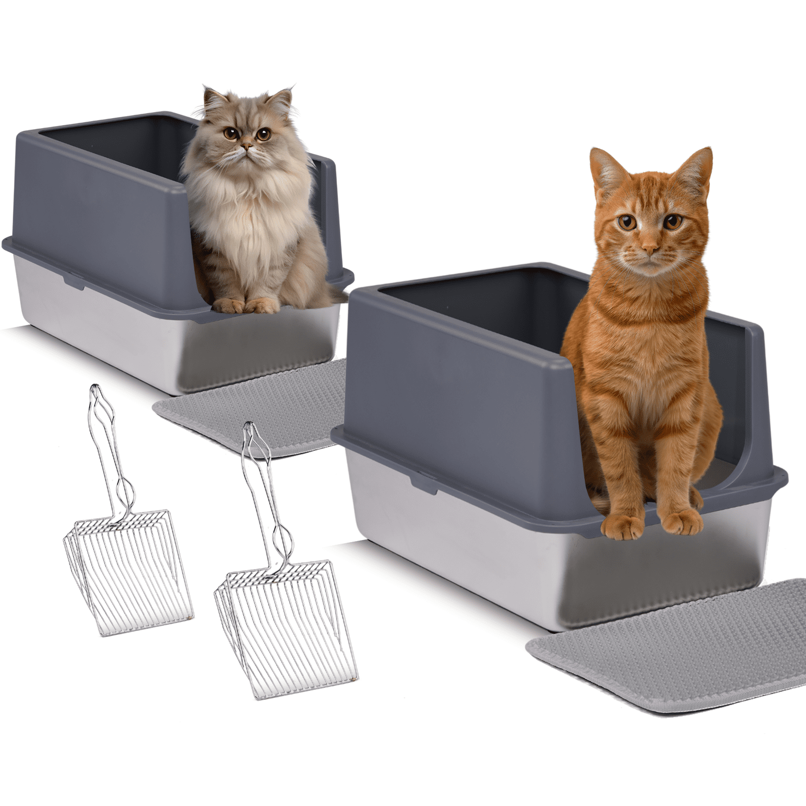 Ktaxon 2-Pack Gray Stainless Steel Cat Litter Boxes - High Sides, Odor ...