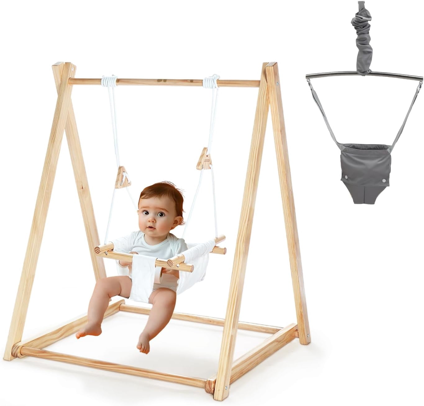 Ktaxon 2-in-1 Wooden Baby Jumper & Swing with Foldable A-Frame Stand ...