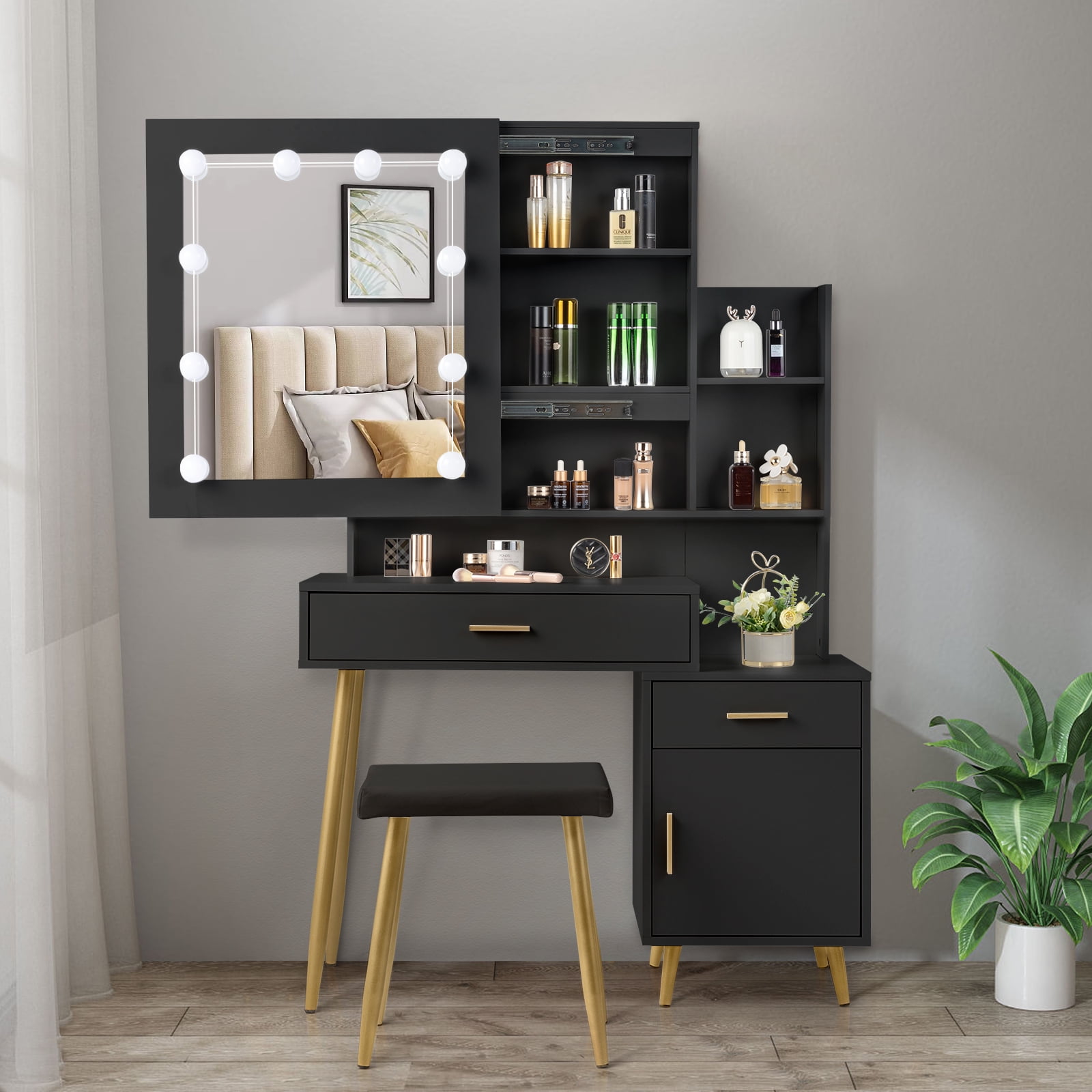Ktaxon Modern Vanity Set, Lighted Mirror with 2 Drawers & Cabinet ...