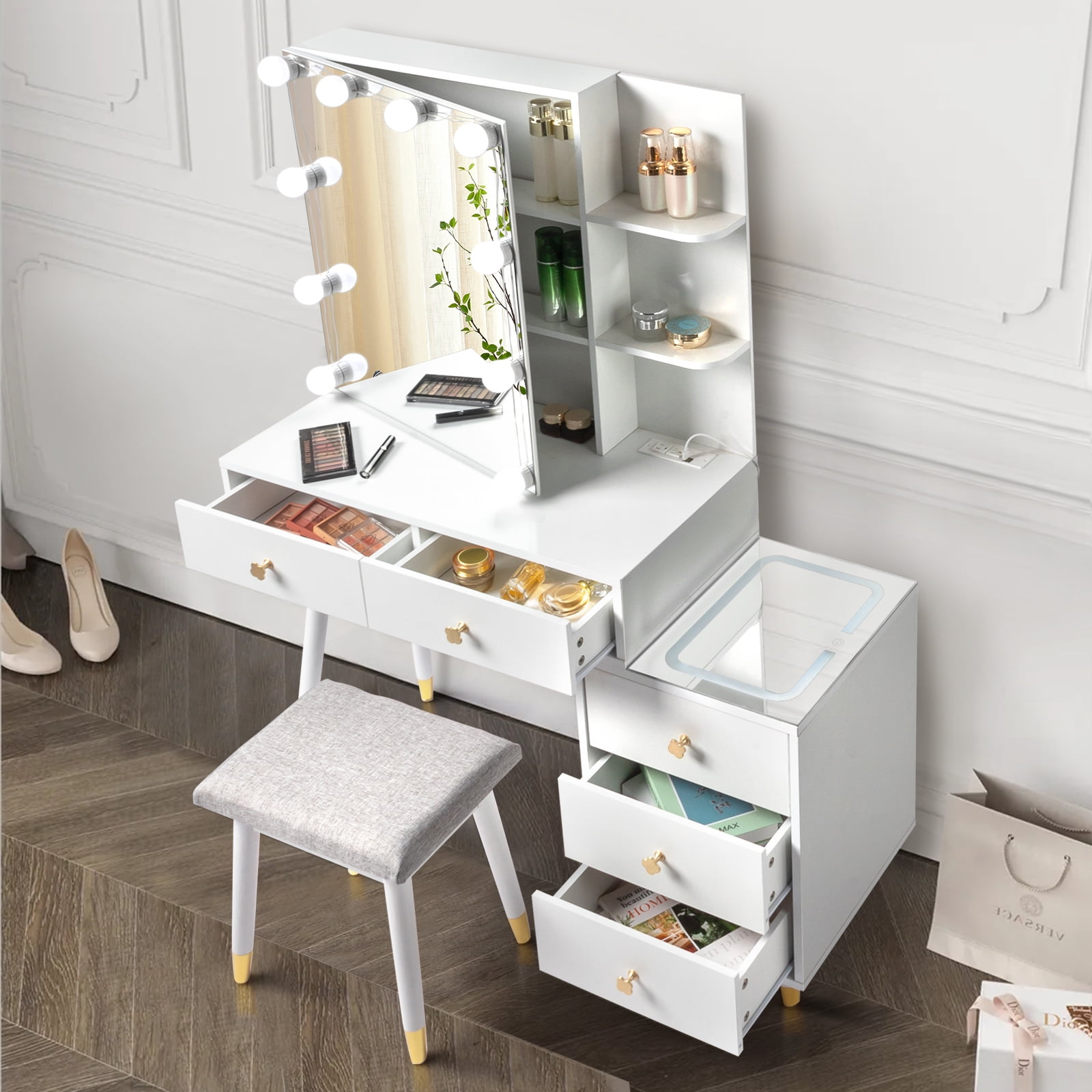 Ktaxon Lighted Vanity Table Set with LED Nightstand Mirror Makeup Table USB Charging Station White Walmart
