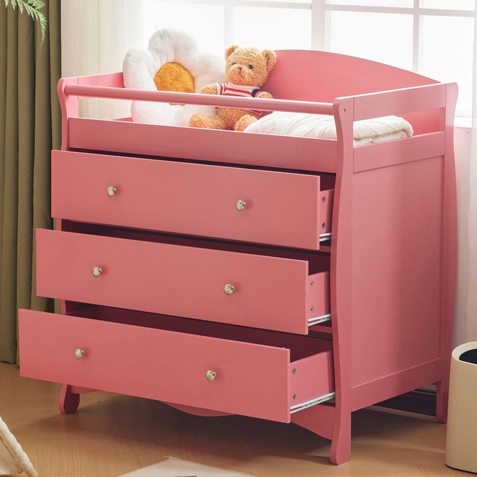 Ktaxon 3-Drawer Changing Table, Pink Wood Baby Dresser with Storage ...