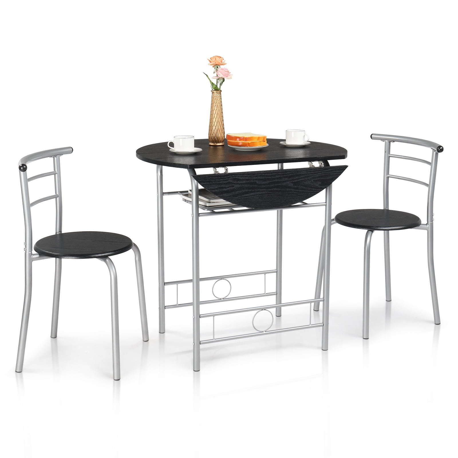 Ktaxon 3-Piece Dining Set with Drop Leaf Round Table & 2 Chairs - Black ...