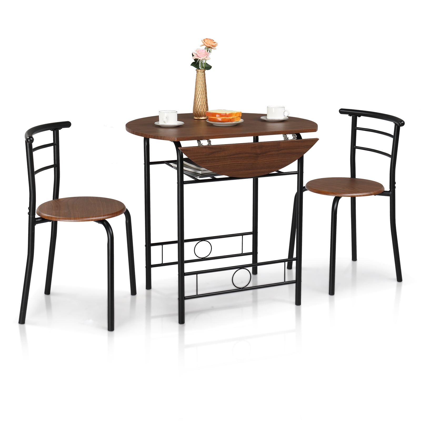 Ktaxon 3-Piece Dining Set with Drop Leaf Round Table & 2 Chairs - Brown ...