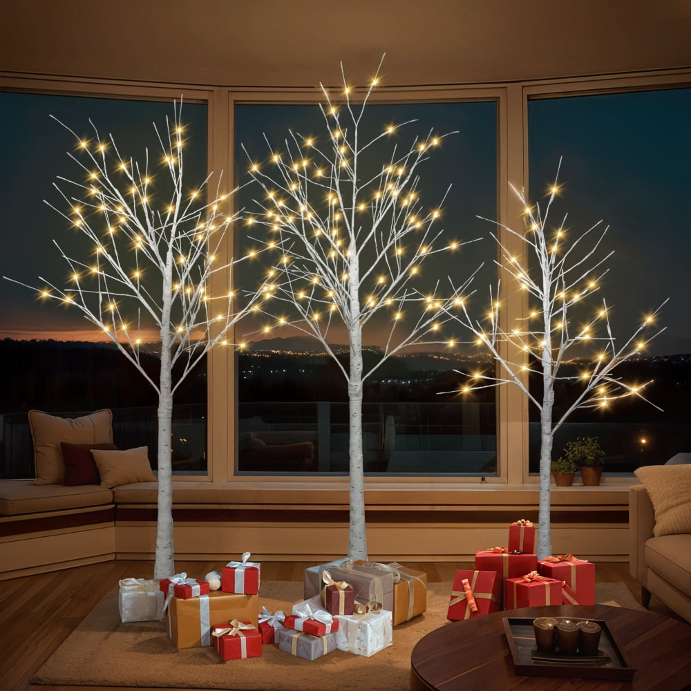 Ktaxon 3 Set Lit Birch Tree, Mini Christmas Tree 4FT 48 LED/5FT 72 LED/6FT 96 LED Front Porch ...