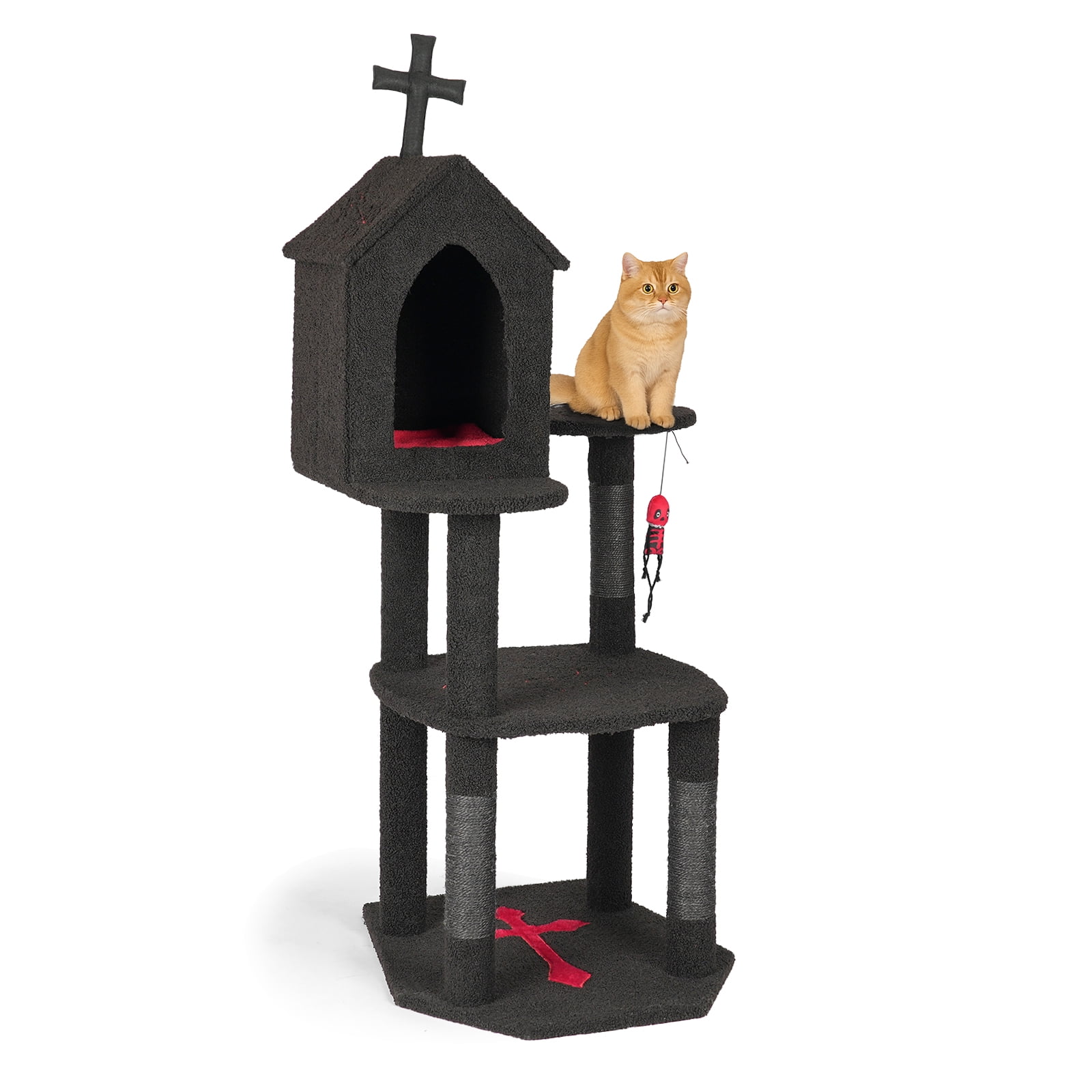 Ktaxon 3-Tier Halloween Cat Tree with Cat House & Cross Top, 62in ...